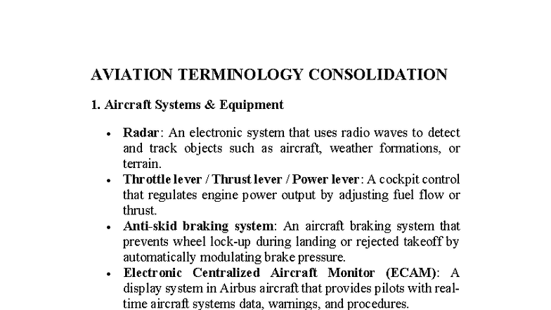 AVIATION TERMINOLOGY CONSOLIDATION: Key Concepts and Definitions - Studocu