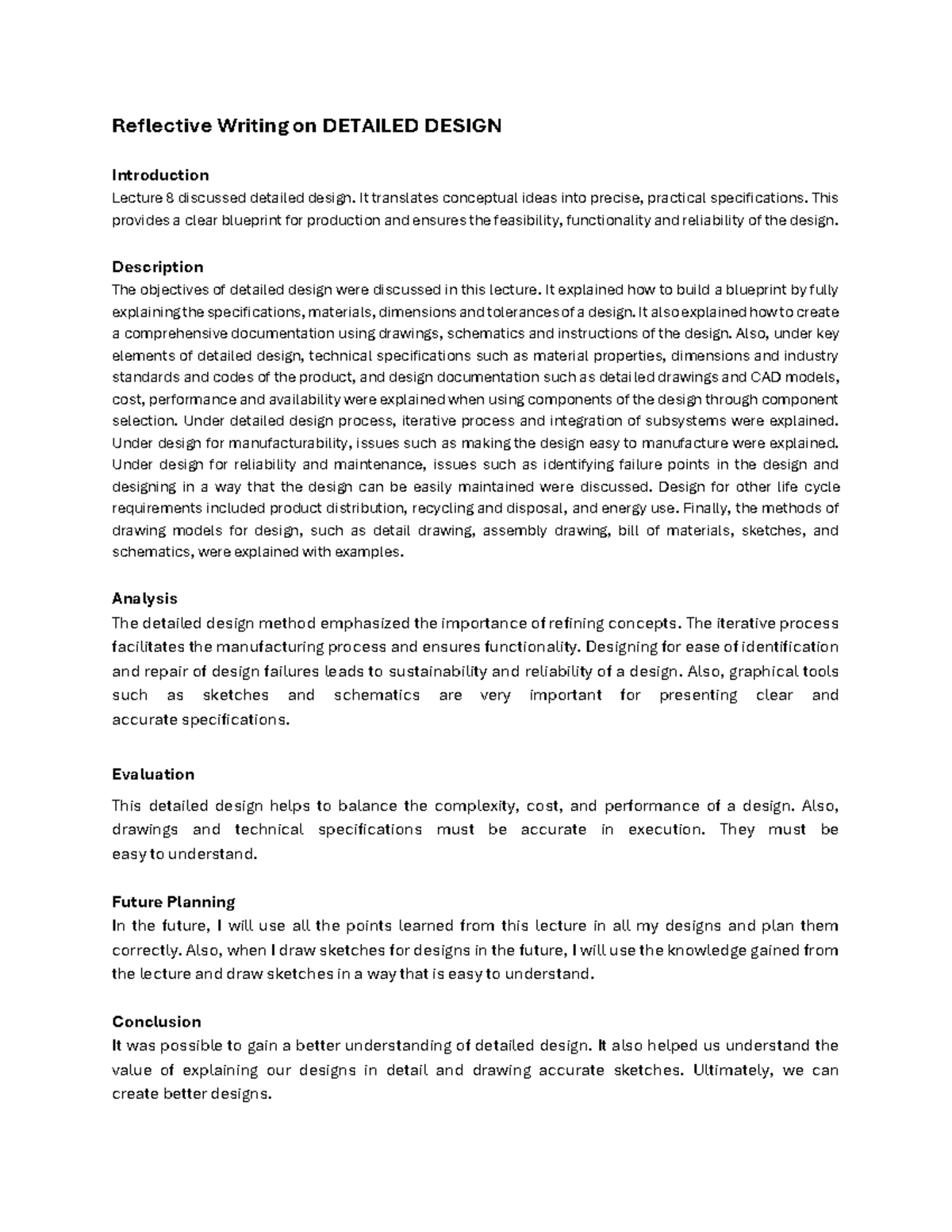 Reflective Writing Lect 08 - Reflective Writing on DETAILED DESIGN ...