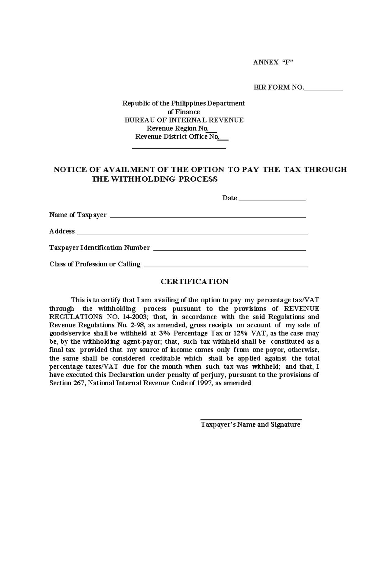 BIR Annex F - Notice of Option to Pay Tax via Withholding Process - Studocu