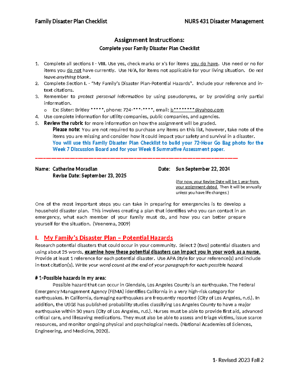 Family Disaster Plan Checklist Revised Summer 2023 Fall 2 - Assignment ...