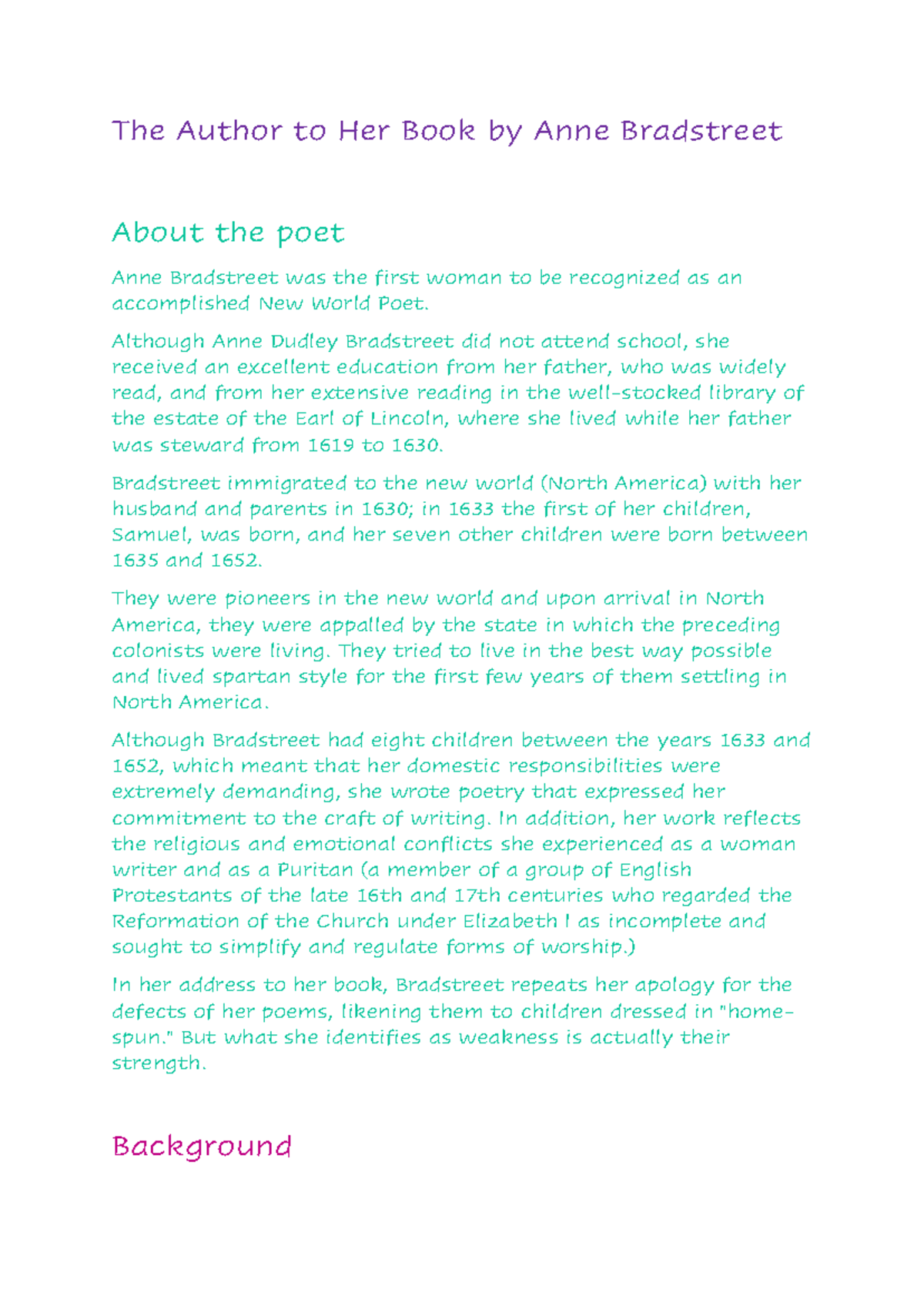 Analysis of "The Author to Her Book" by Anne Bradstreet: Insights ...