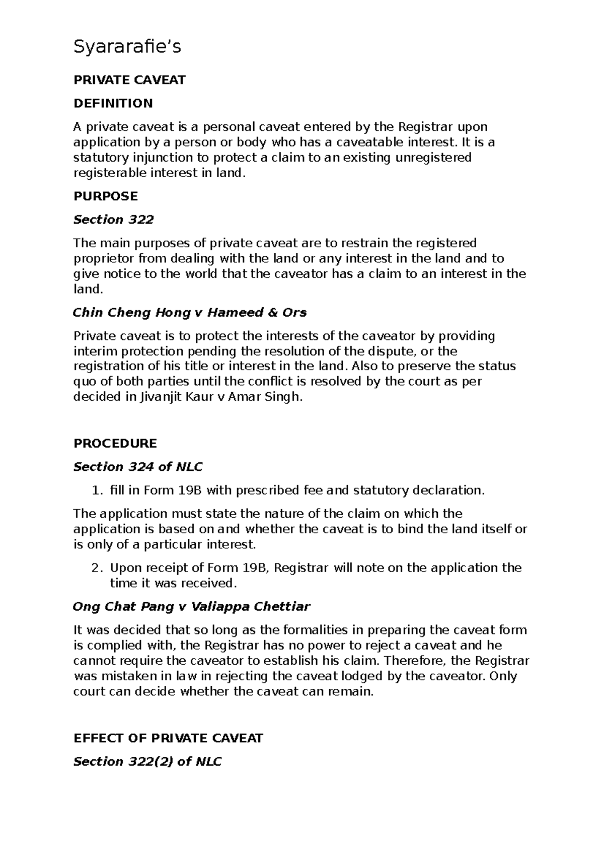 Private Caveat - Definition, Purpose, Procedure & Effects - Studocu