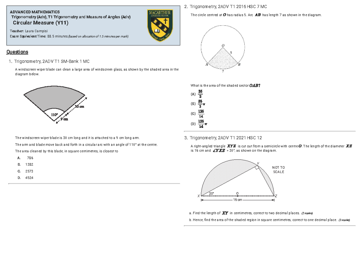 Circular Measure HSC Practice - Trigonometry 2ADV T1 Exam Prep - Studocu