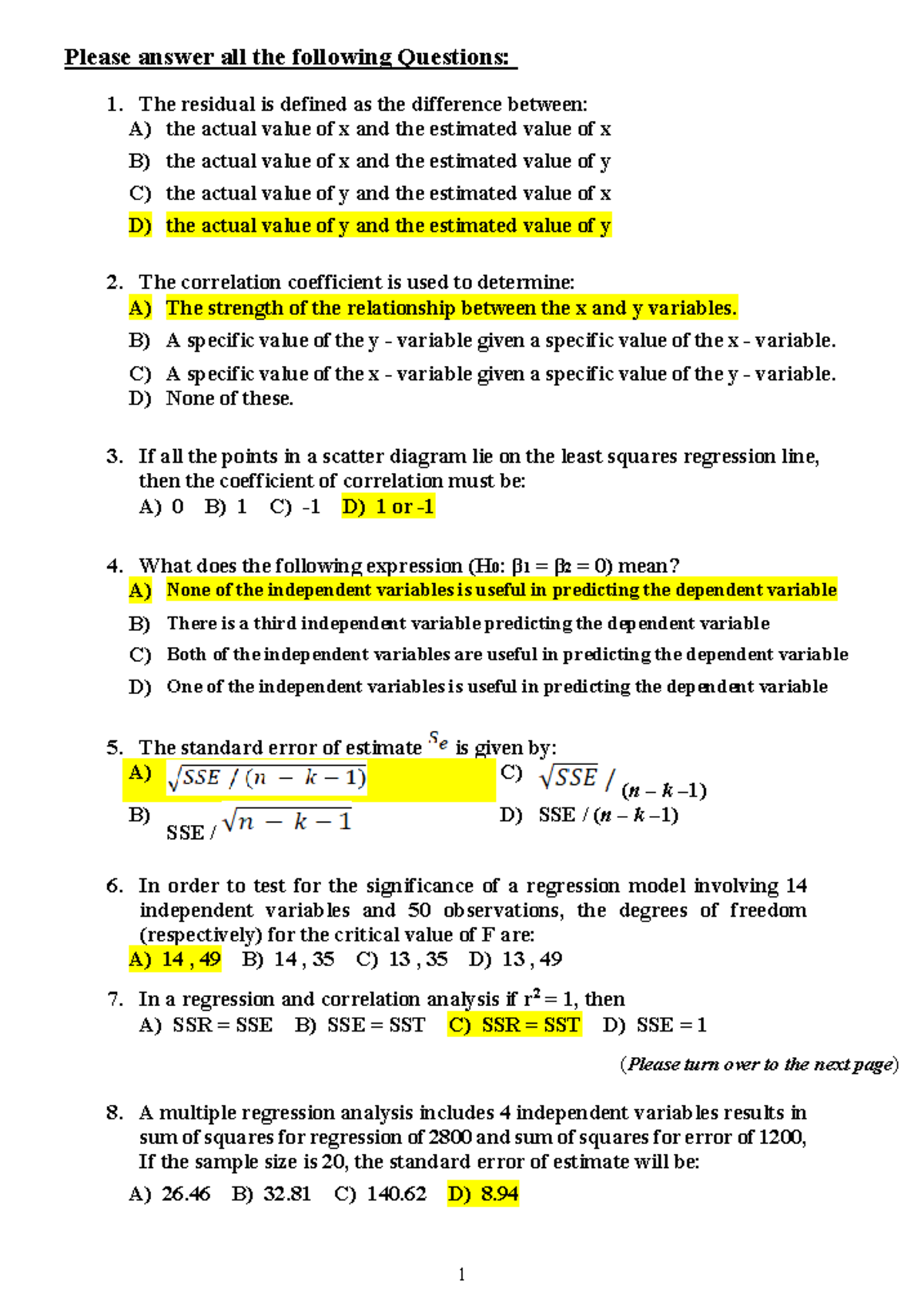 Test 1 - Correlation and Regression Analysis Questions - Studocu