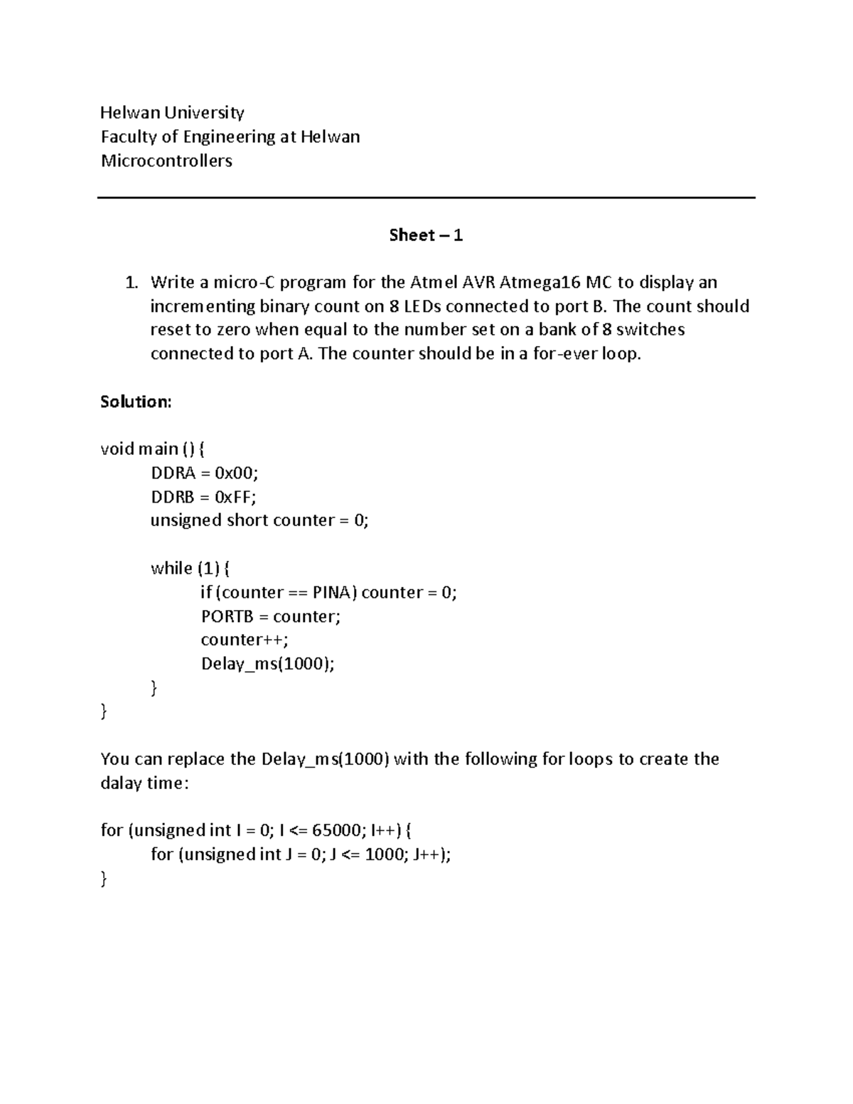 Solution of Microcontroller Sheet 1 - Helwan University Engineering ...