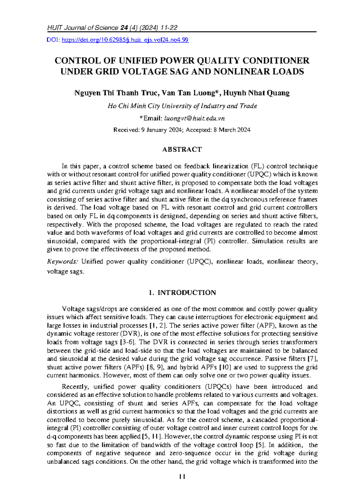 Control of Unified Power Quality Conditioner (UPQC) Under Voltage Sags ...
