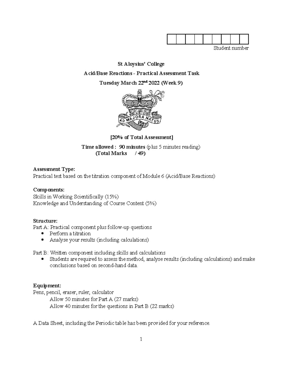 2022 Year 12 Chemistry Practical Assessment Task 2: Titration ...