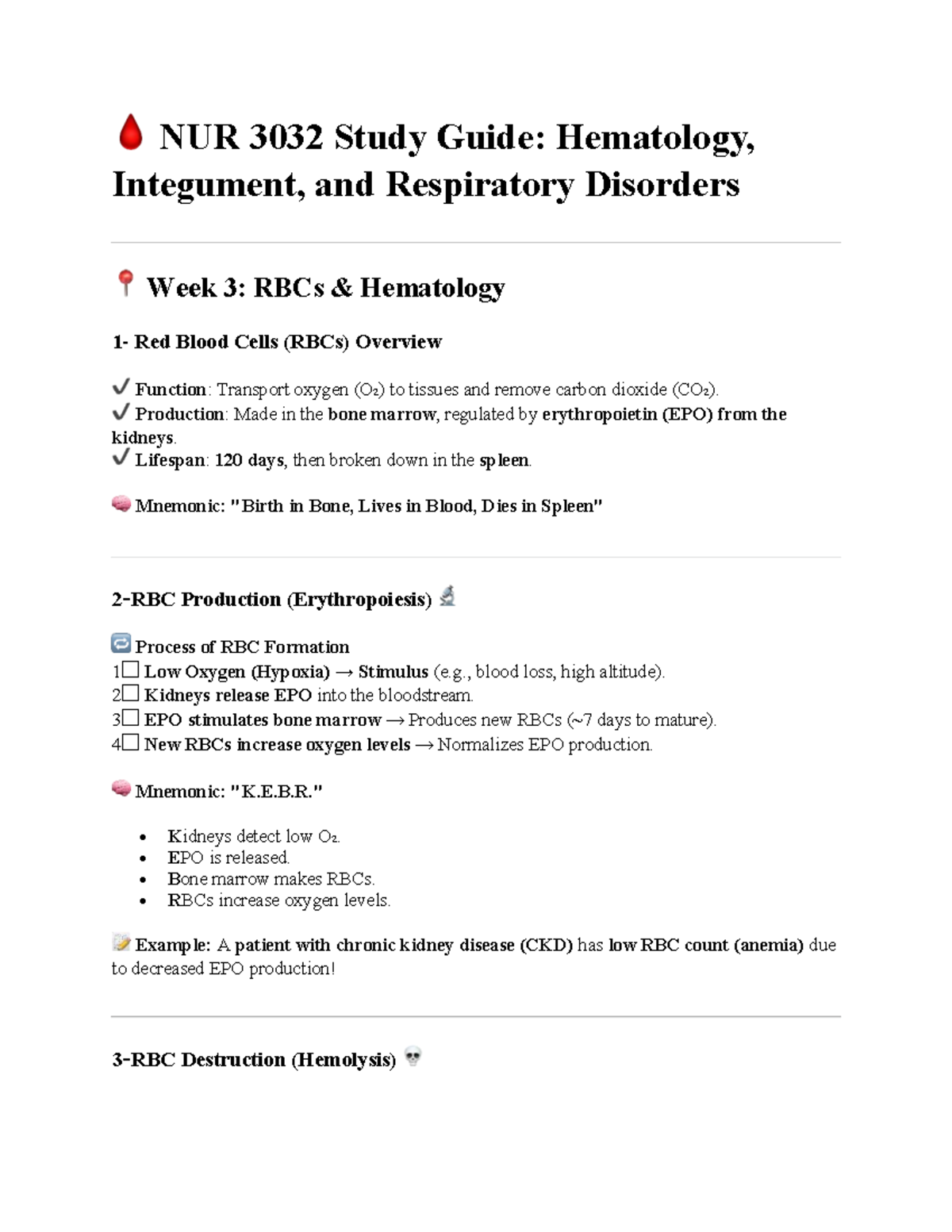 NUR 3032 Study Guide: Week 3 - Hematology & RBC Disorders Overview ...