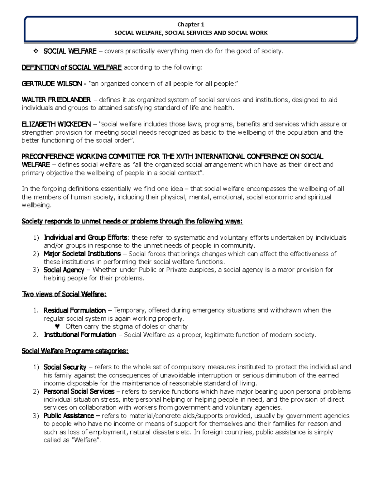 Summary of Social Welfare and Social Work Concepts - SOCW 101 - Studocu