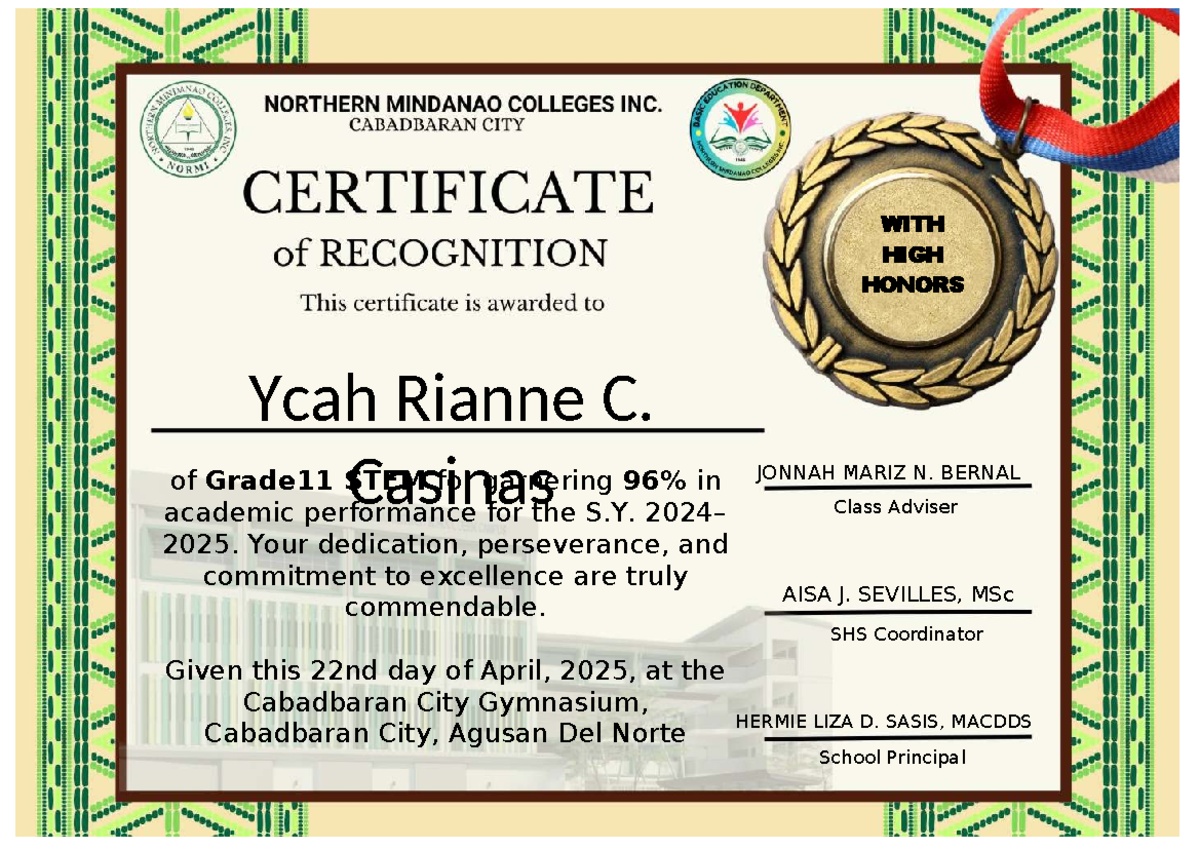Grade 11 STEM Academic Honors Certificate S.Y. 2025 - Studocu