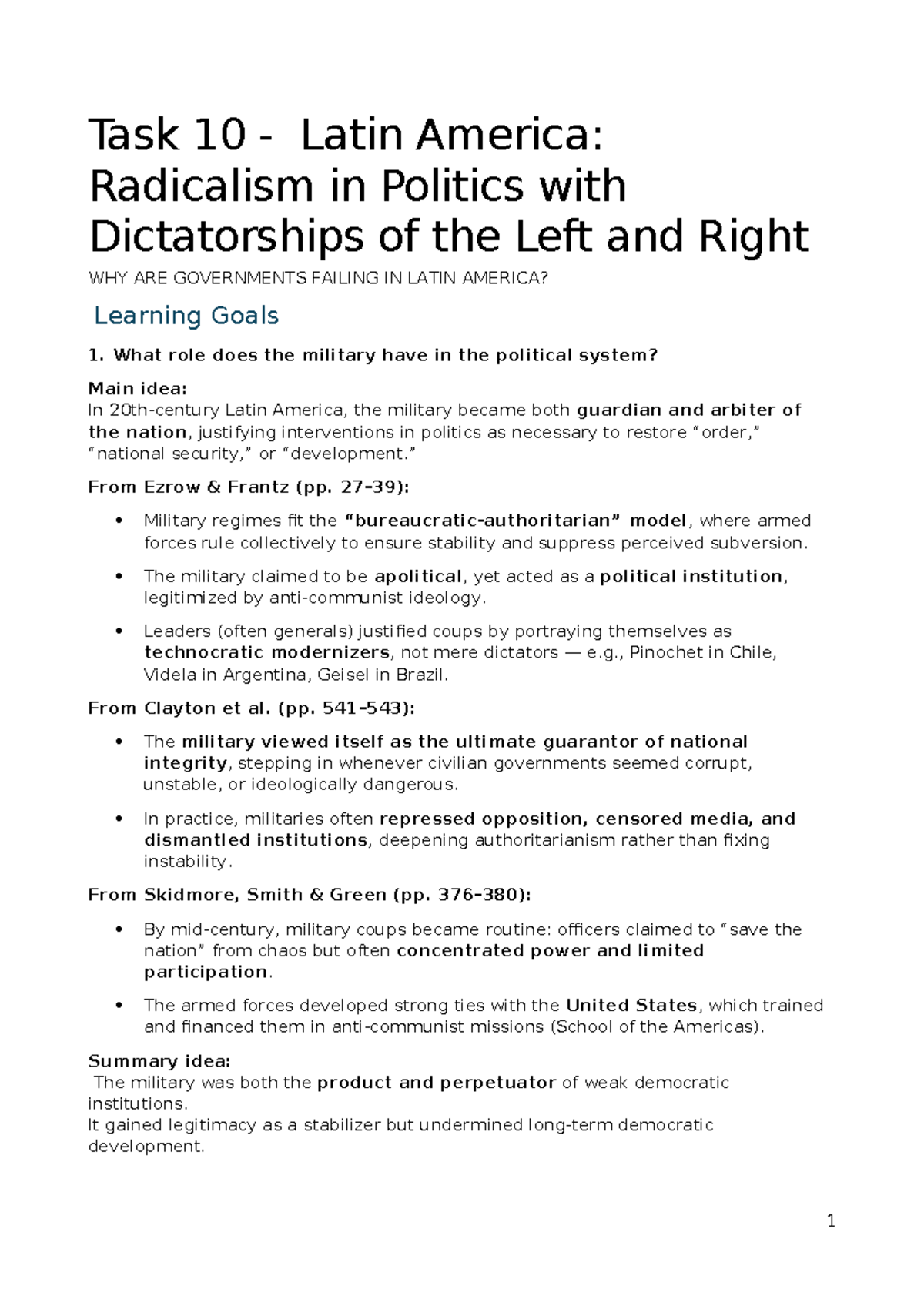 Task 10 - Latin America: Military Influence and Authoritarianism in ...