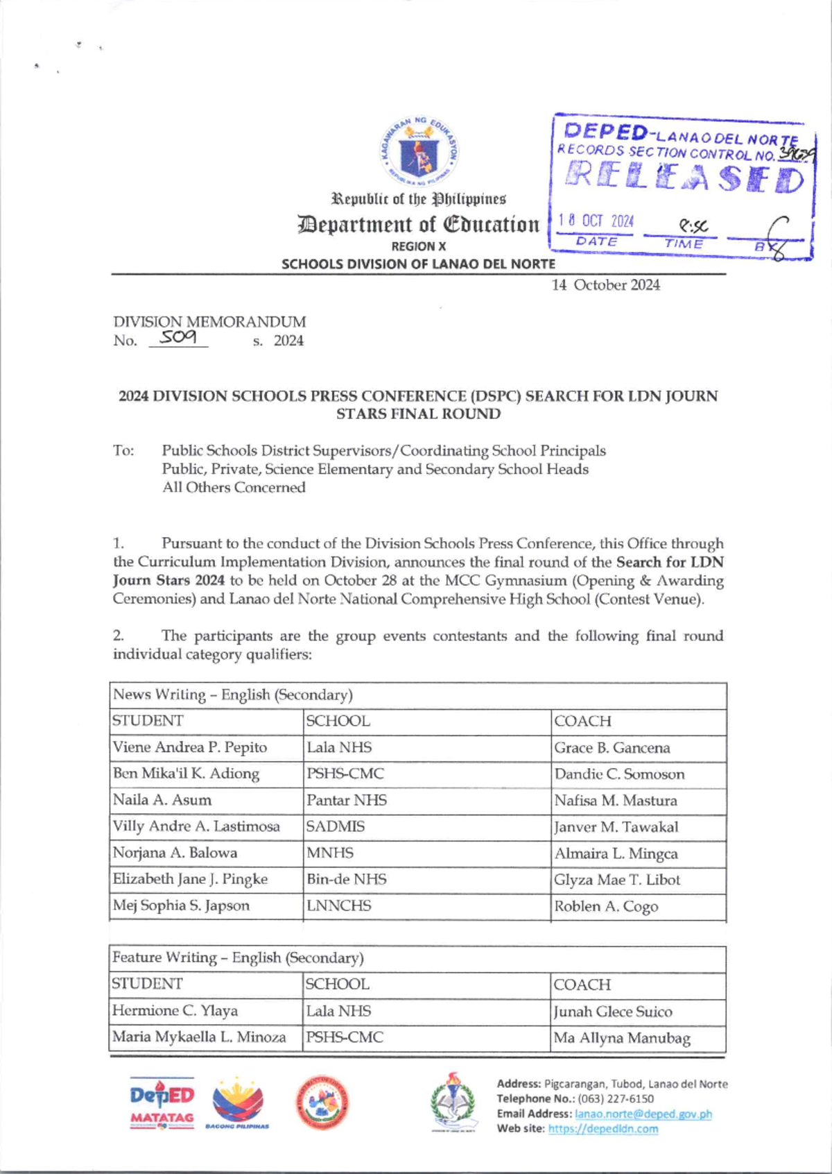 2024 DSPC Search for LDN Journ Stars Final Round Memo and Guidelines ...