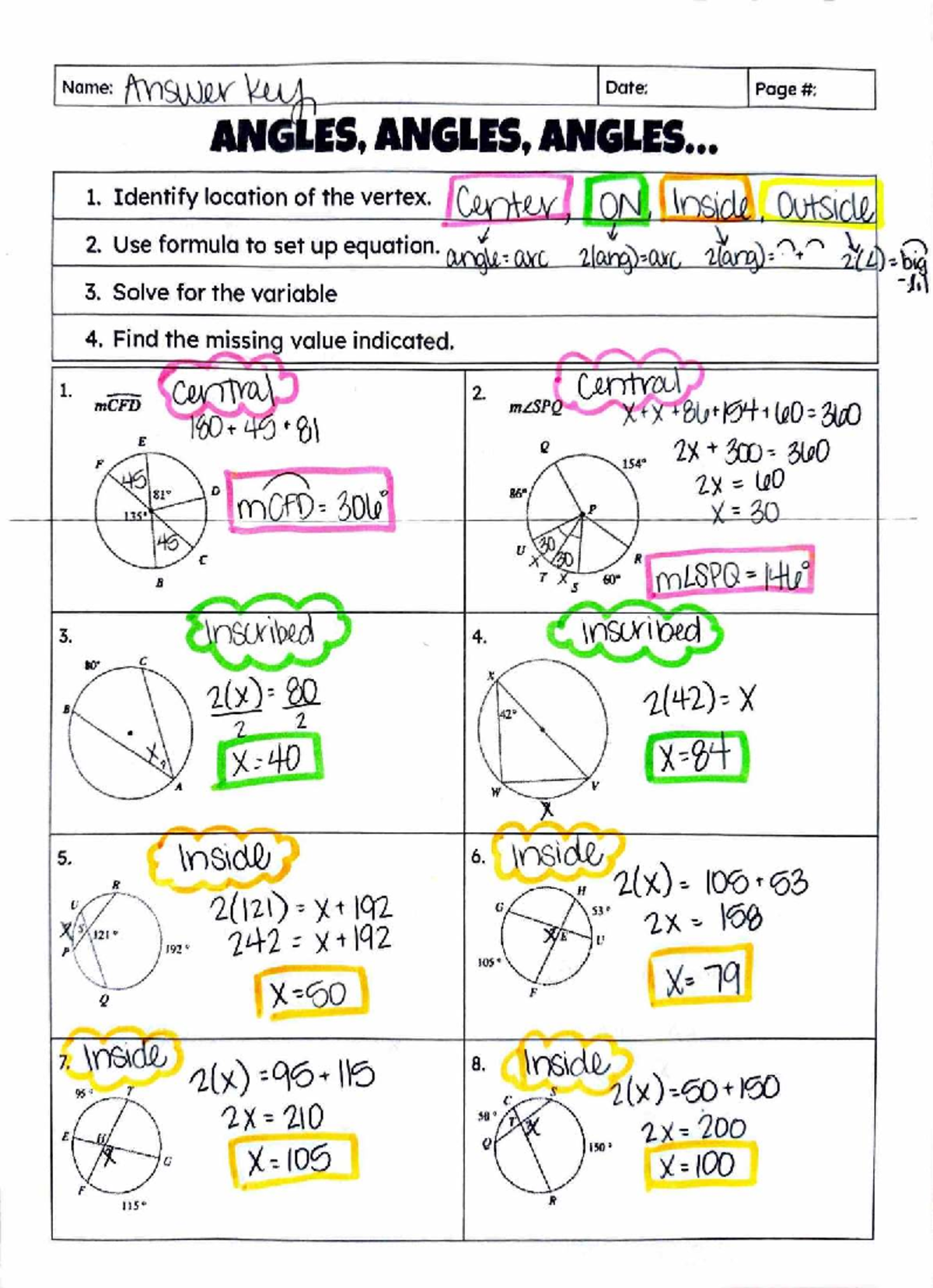 Angles, Angles, Angles - Answer Key - Name: {\Y) Date: Page#: ES ...