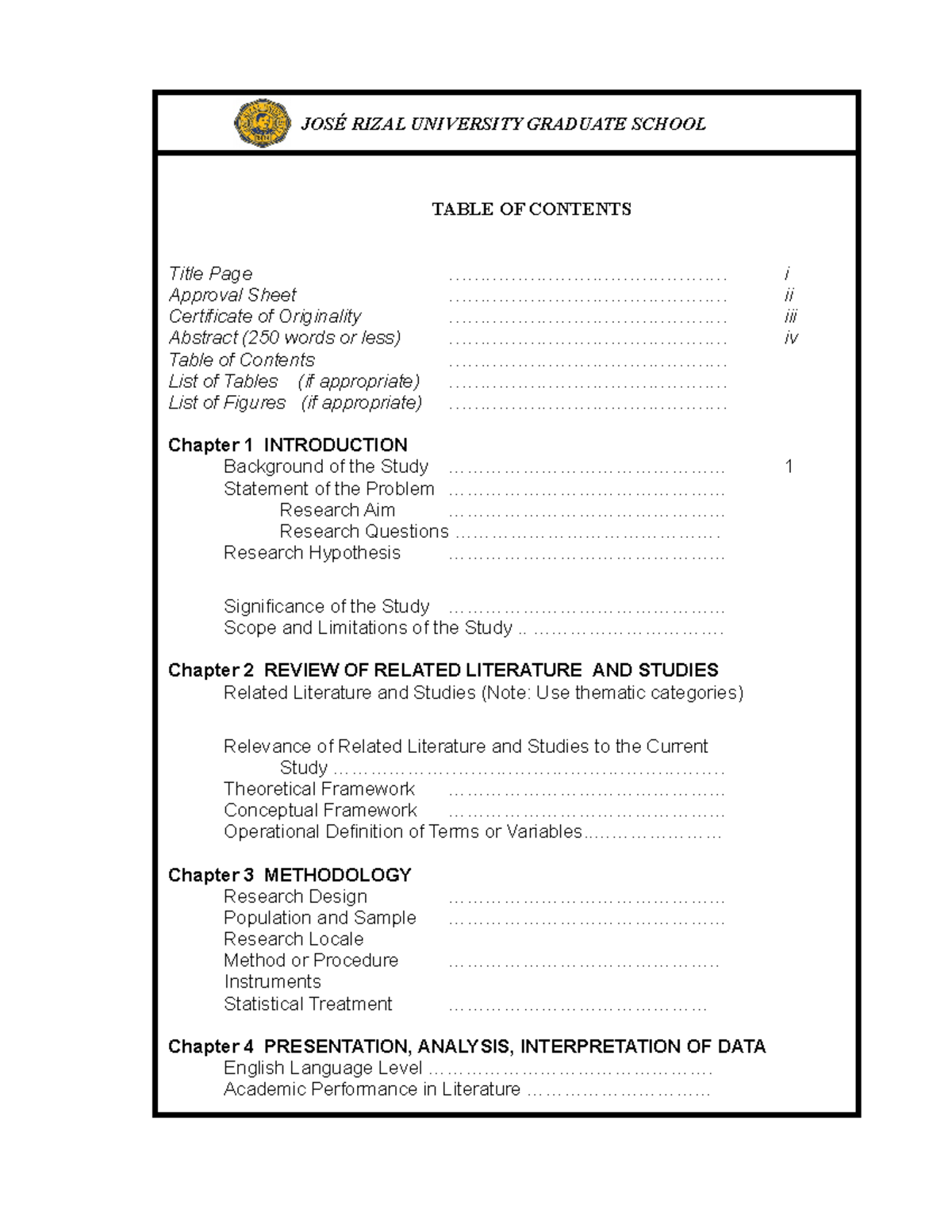 Thesis Defense Template Table of Contents - FND 101 - Studocu