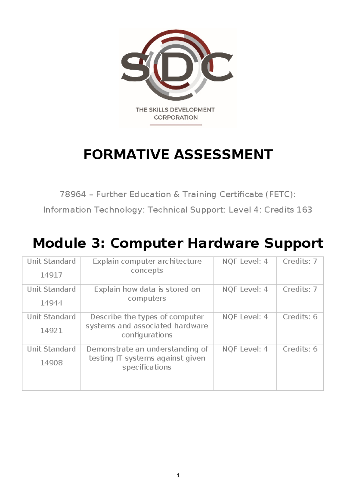 Module 3: Computer Hardware Support Formative Assessment - FETC 78964 ...
