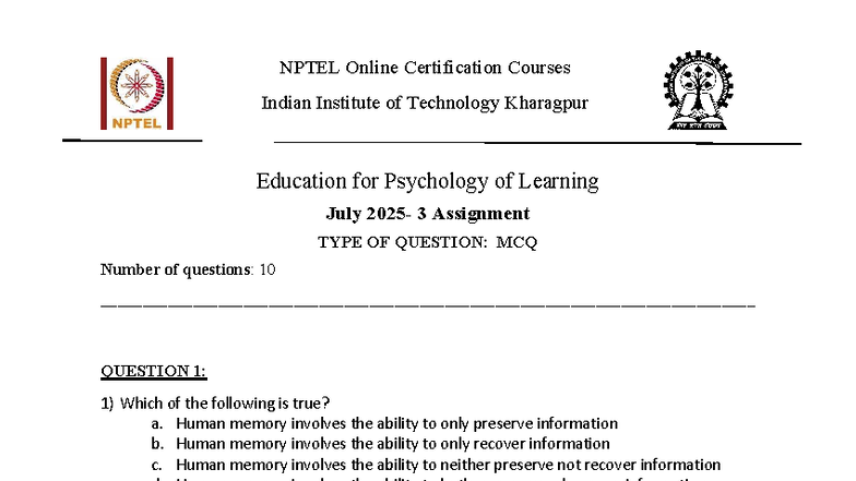 NPTEL IIT Kharagpur: Psychology of Learning Assignment 3 MCQs - Studocu