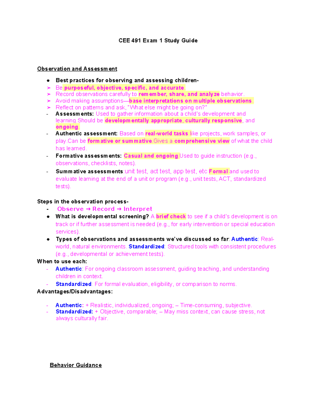 ECE 491 Final Exam Study Guide: Key Concepts in Early Childhood ...