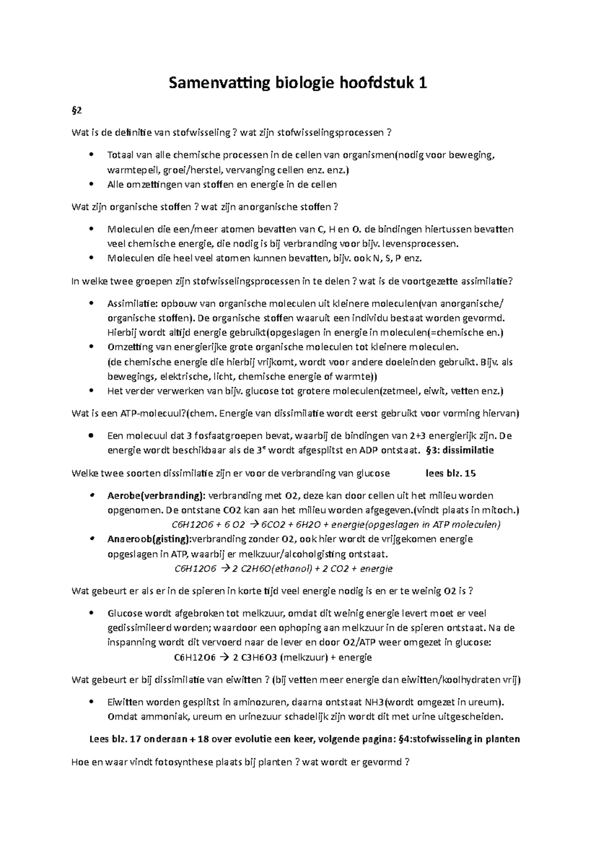 Samenvatting Biologie Hoofdstuk 1: Stofwisseling en Fotosynthese ...