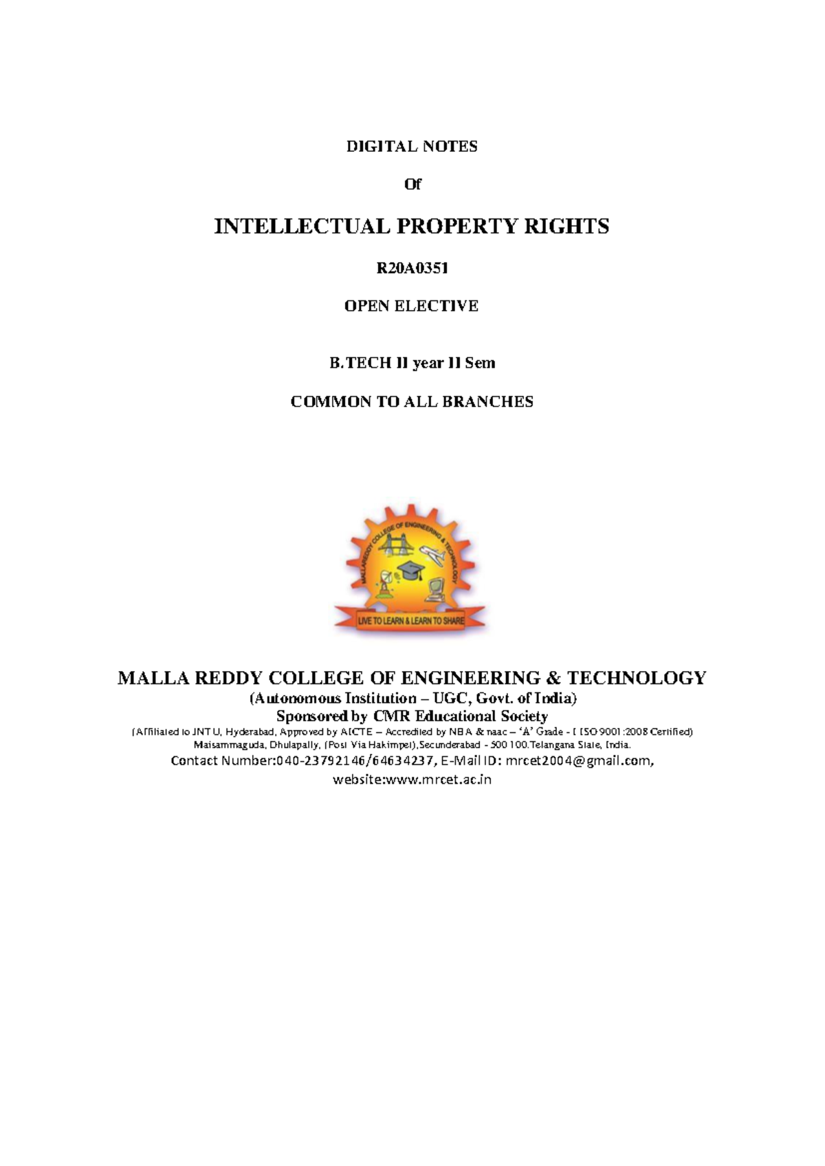 IPR (R20A0351) - Comprehensive Notes on Intellectual Property Rights ...
