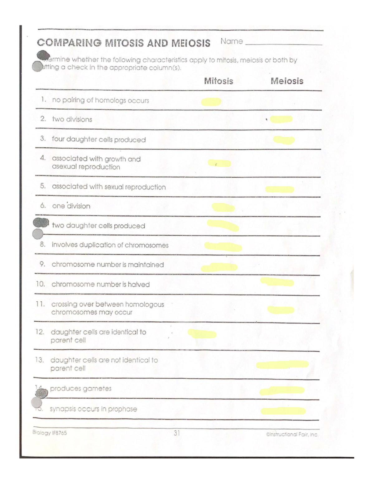Comparing Mitosis & Meiosis: Biology 31 Worksheet - Studocu