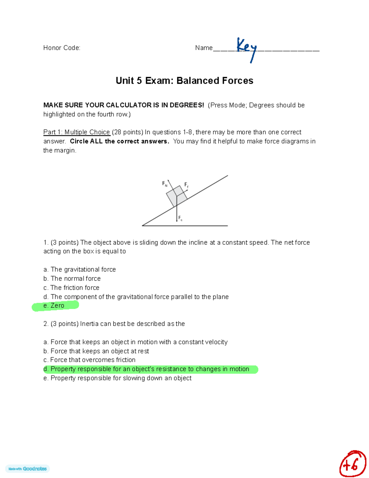 Physics Unit 5 Exam Balanced Forces Key - Honor Code: Name ...