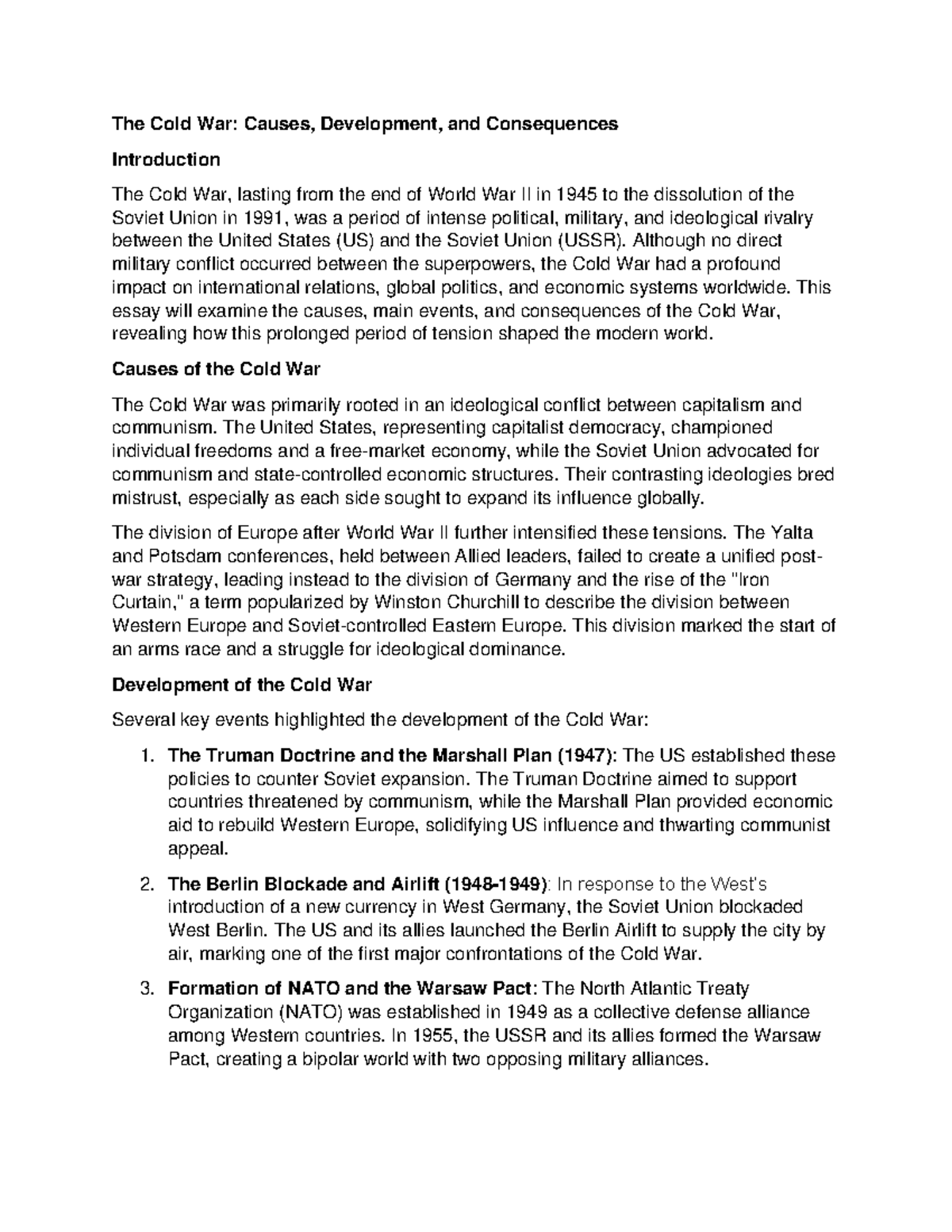 Cold War - Essay on Causes, Development, and Consequences - Studocu