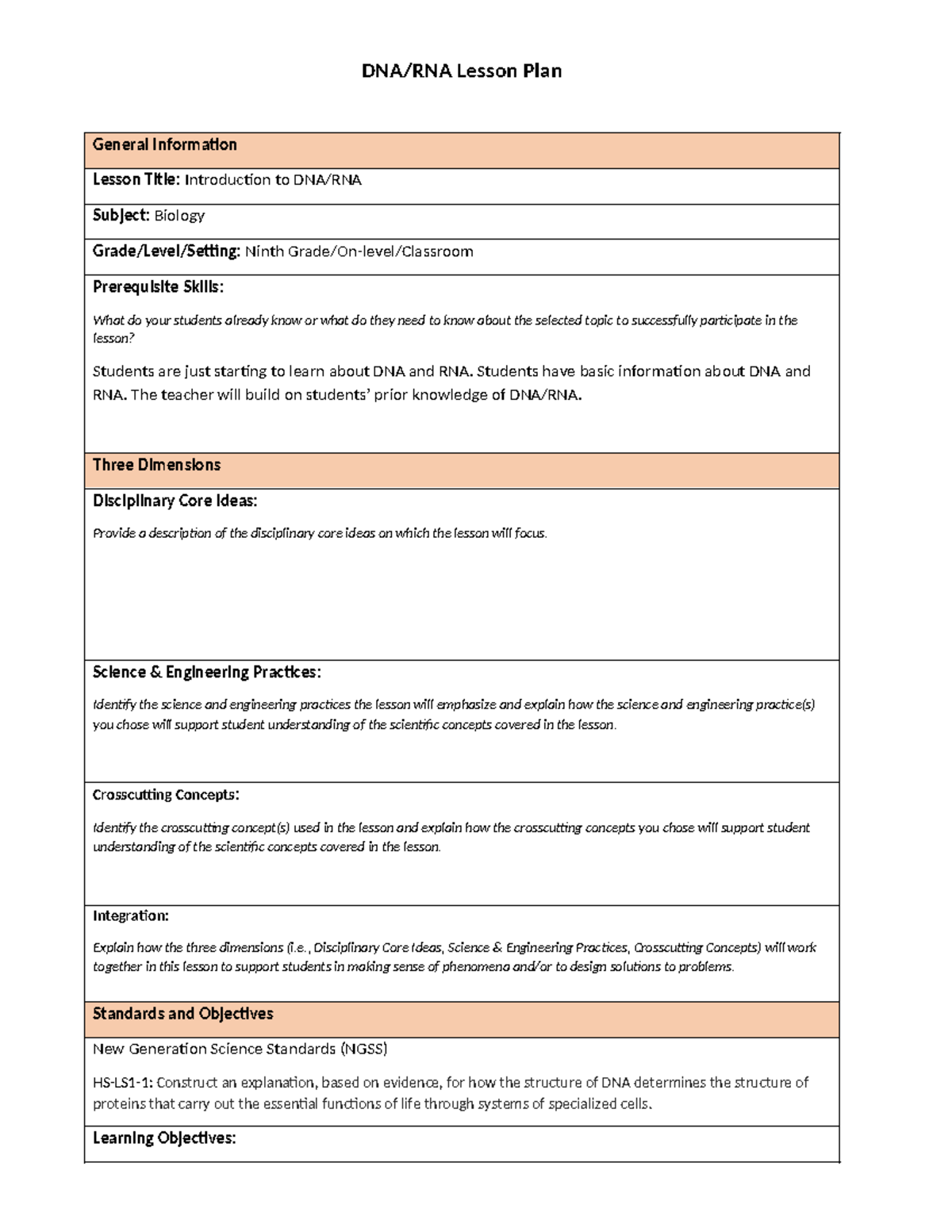 Biology 5E DNA/RNA Introduction Lesson Plan for Ninth Grade - Studocu
