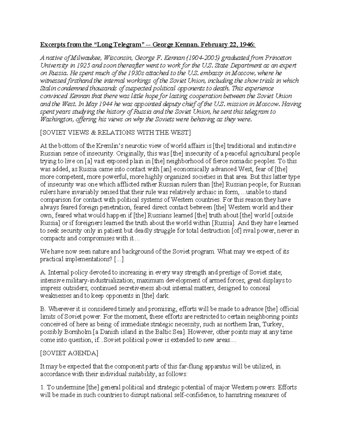 Cold War Kennans Long Telegram-1 - Excerpts from the “Long Telegram ...