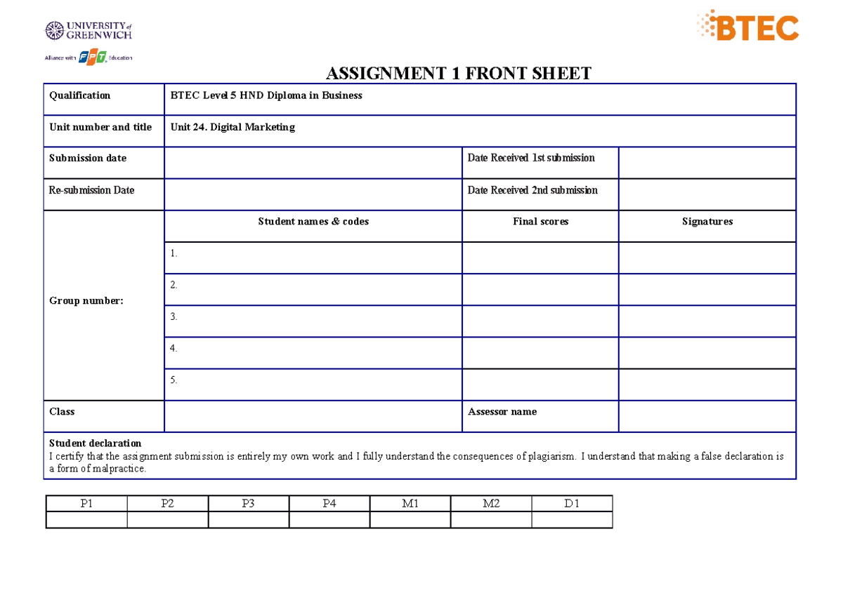 538 - Assignment 1 Frontsheet - ASSIGNMENT 1 FRONT SHEET Qualification BTEC Level 5 HND Diploma ...