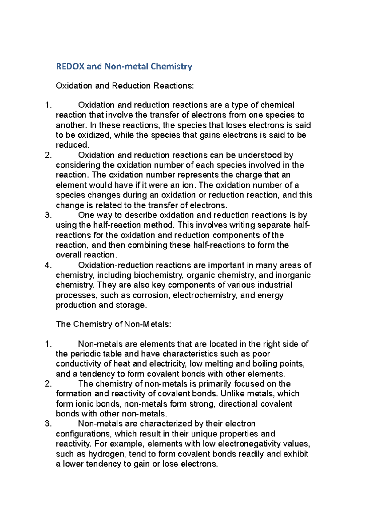 Redox and Non-Metal chemistry - REDOX and Non-metal Chemistry Oxidation ...