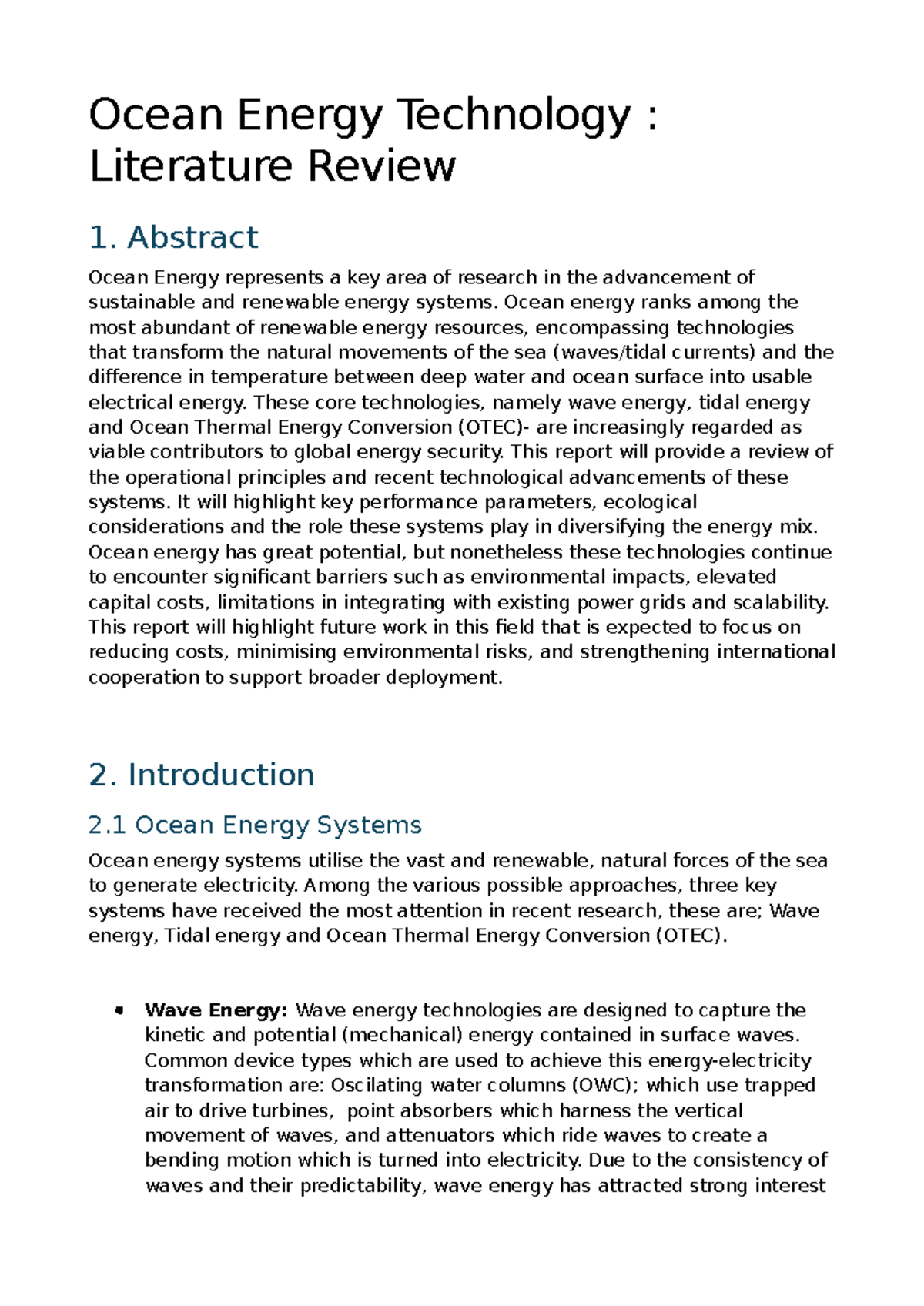Ocean Energy Technology (ENGR 301): Comprehensive Literature Review ...