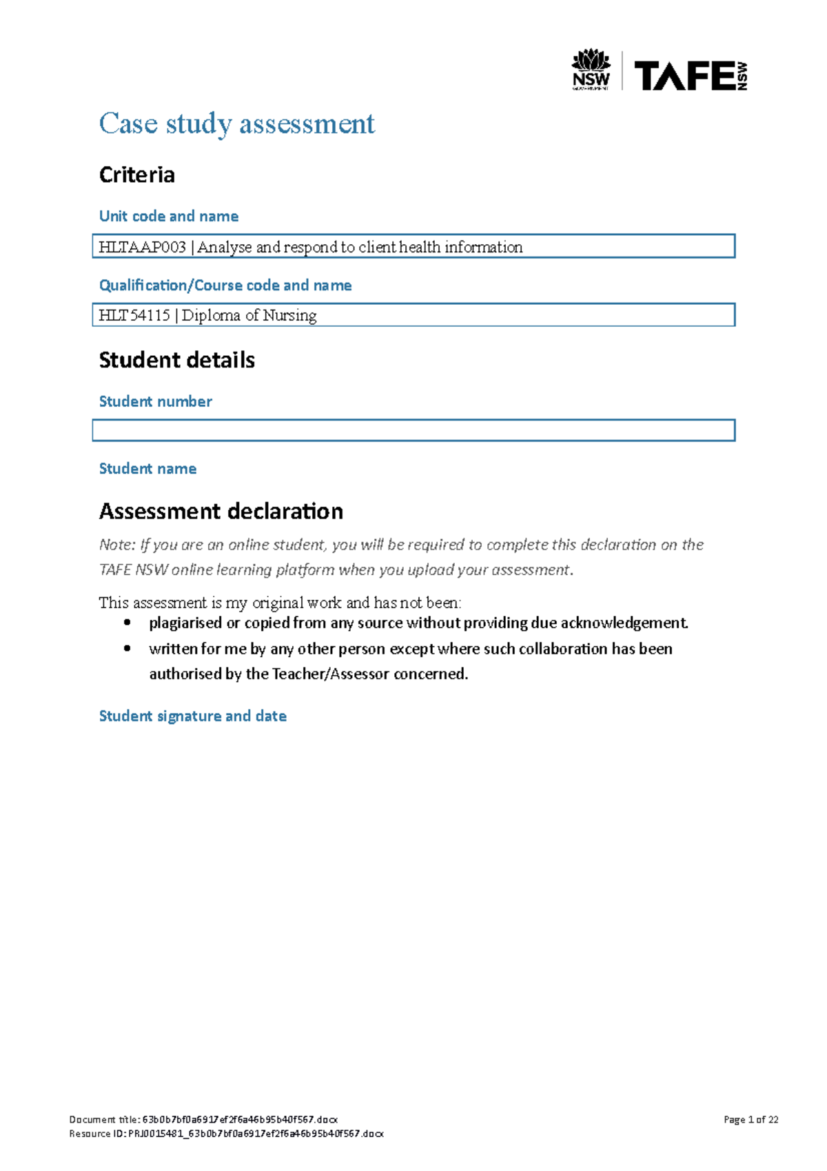 Hltaap 003 AE CS2of3 - Case study assessment Criteria Unit code and name HLTAAP003 | Analyse and ...
