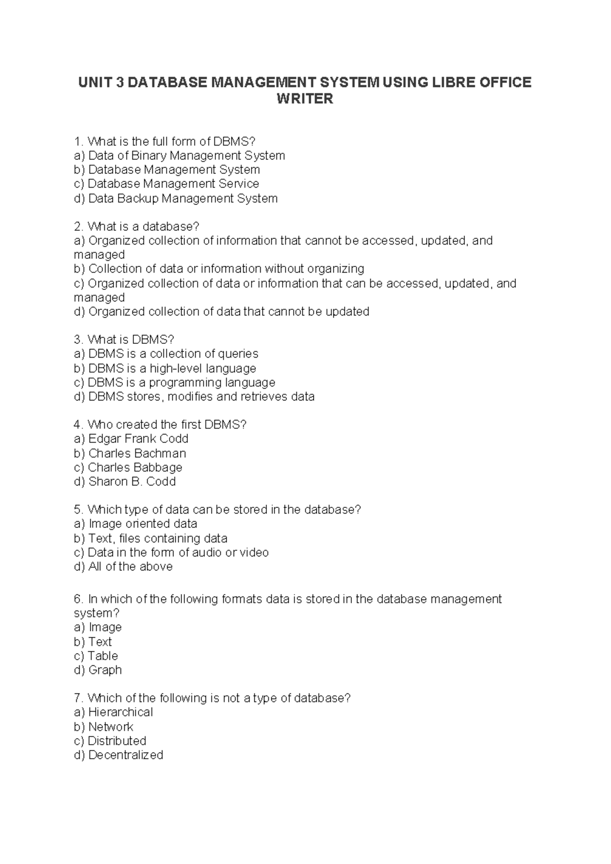 Unit 3 - DBMS Quiz Questions and Answers - Studocu