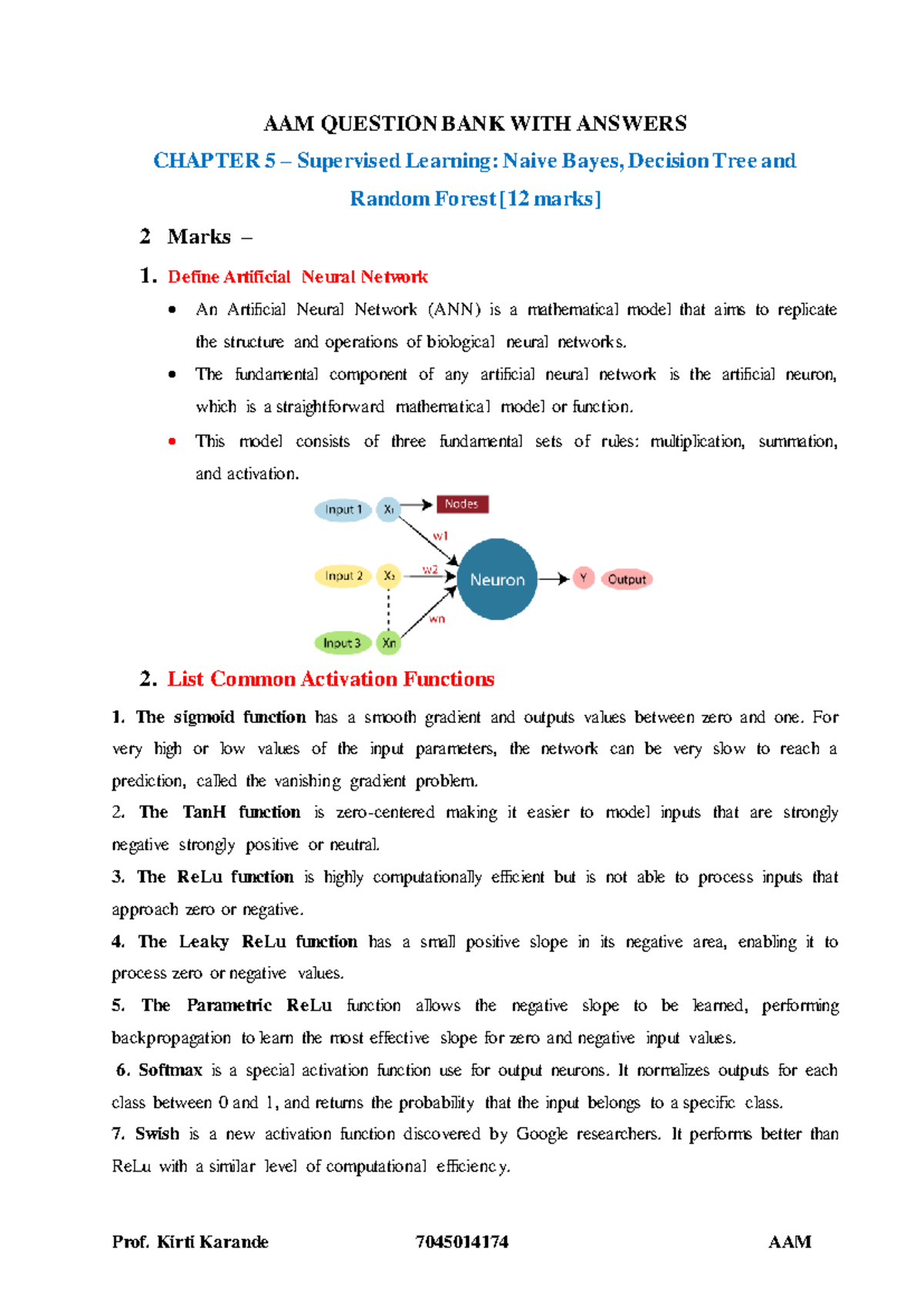 AAM UNIT 5 QUESTION BANK ON SUPERVISED LEARNING & ANN - Studocu