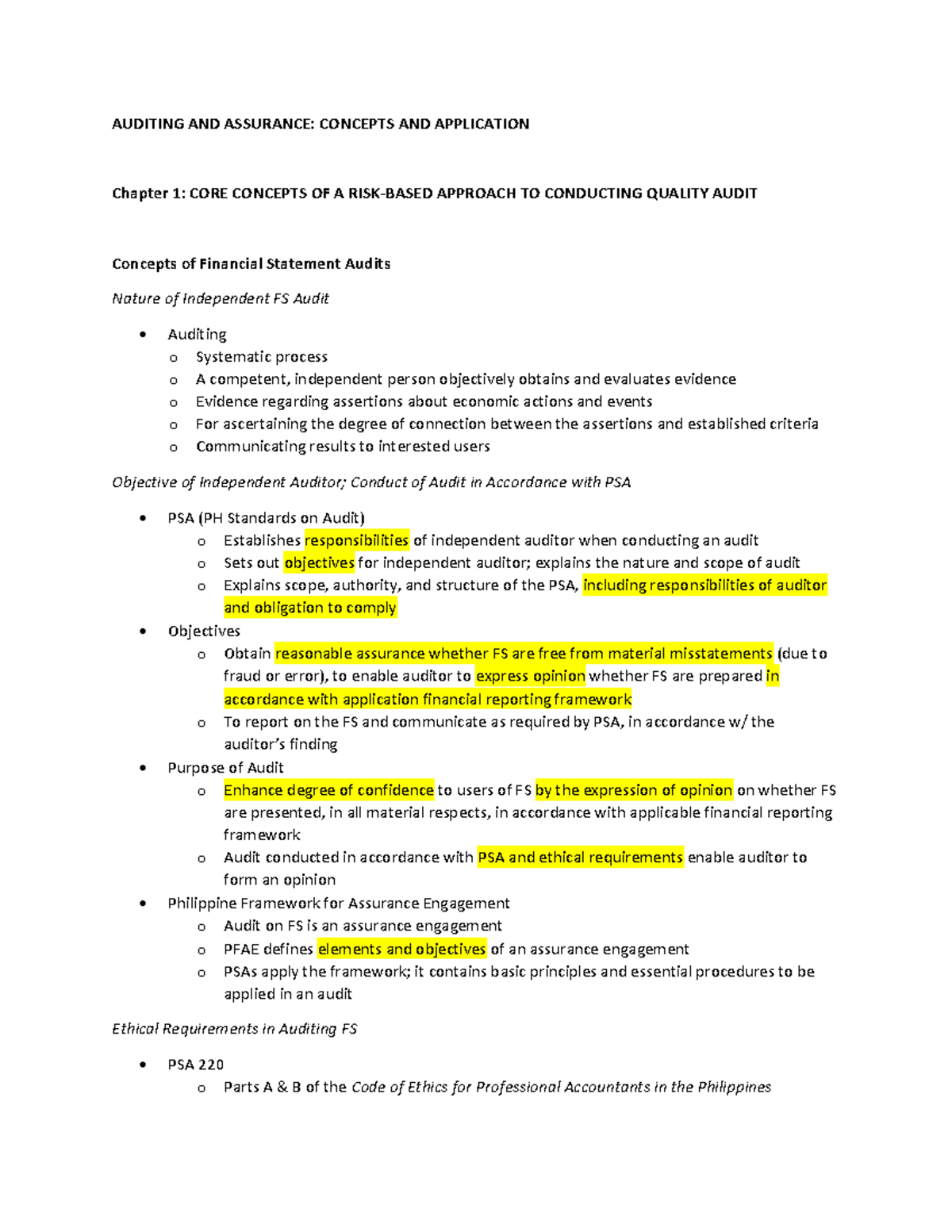 Auditing & Assurance: Concepts, Applications, & Core Principles (AUD 101) - Studocu