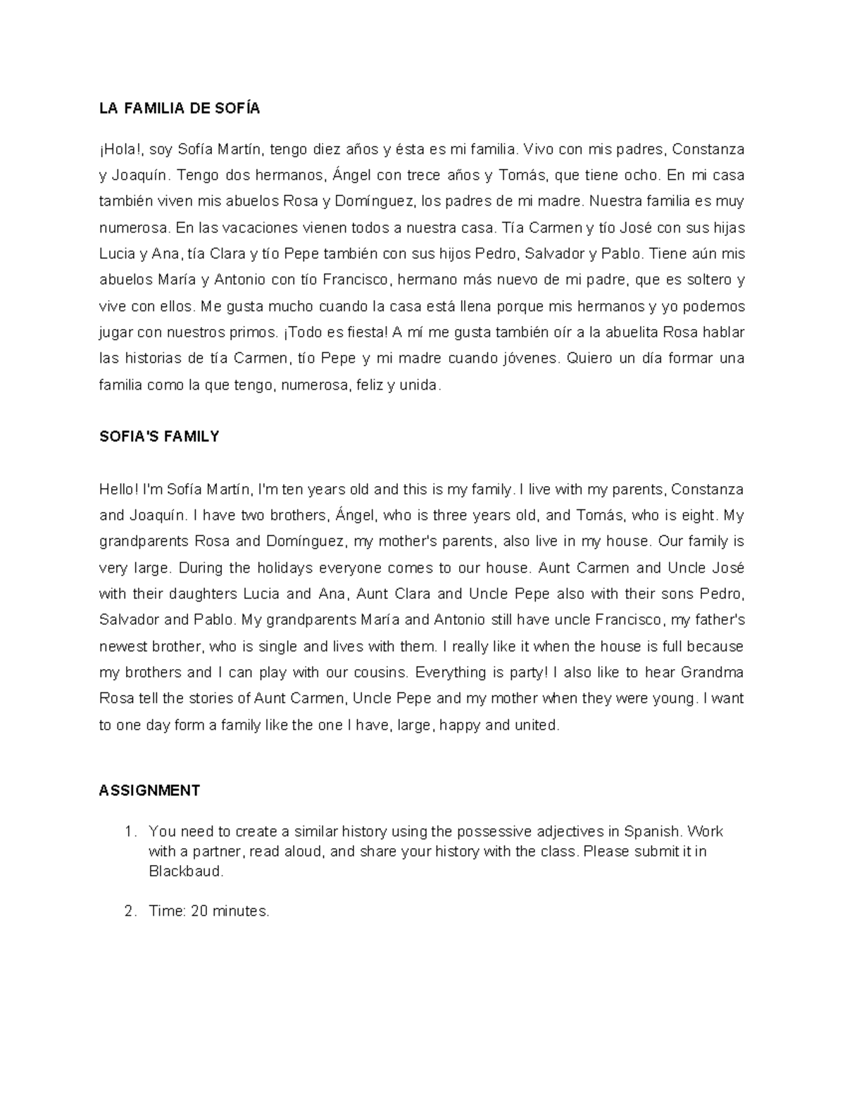LA FAMILIA DE SOFÍA: Uso de Adjetivos Posesivos en Historia - Studocu