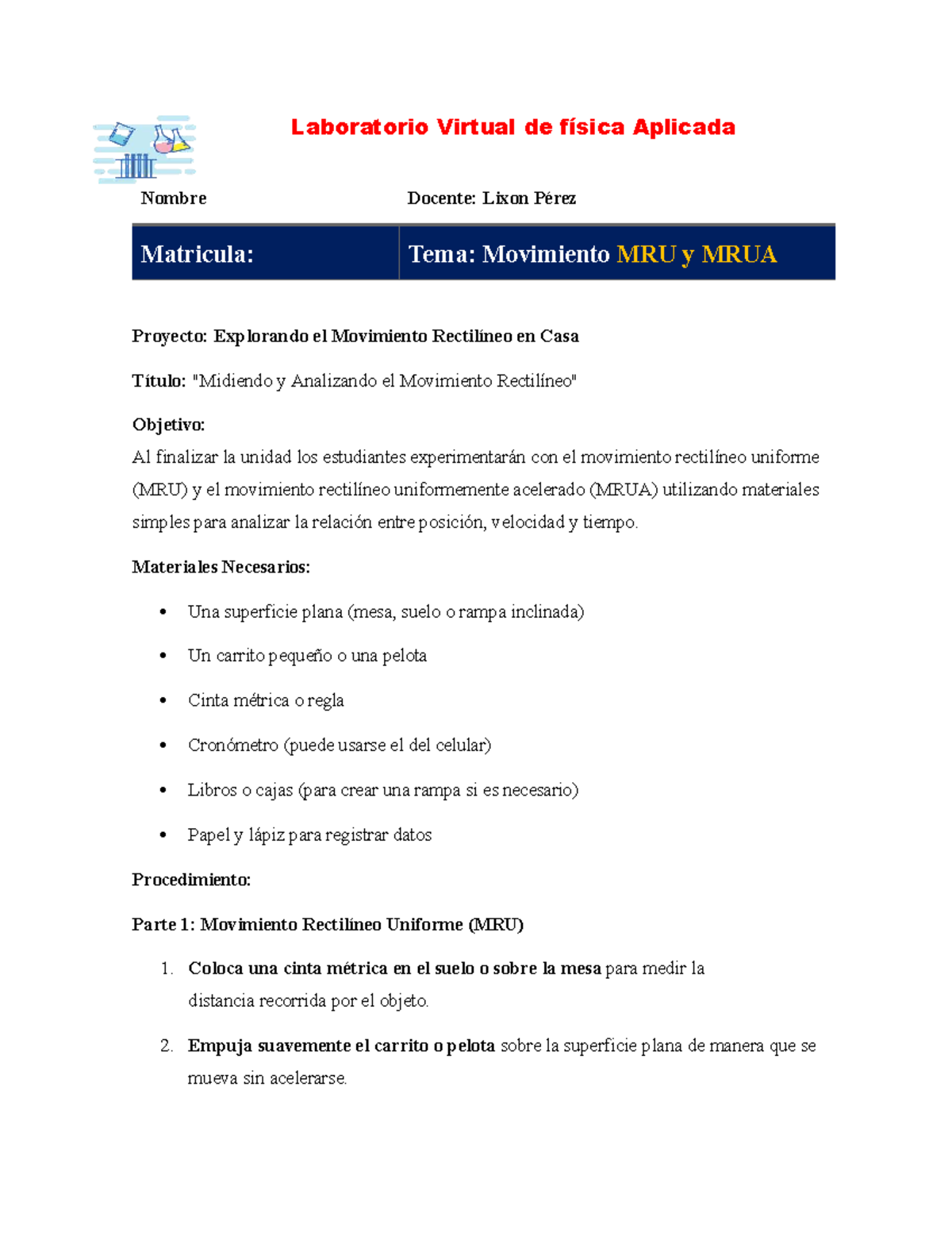 Proyecto de Laboratorio Virtual: MRU y MRUA en Casa - Studocu