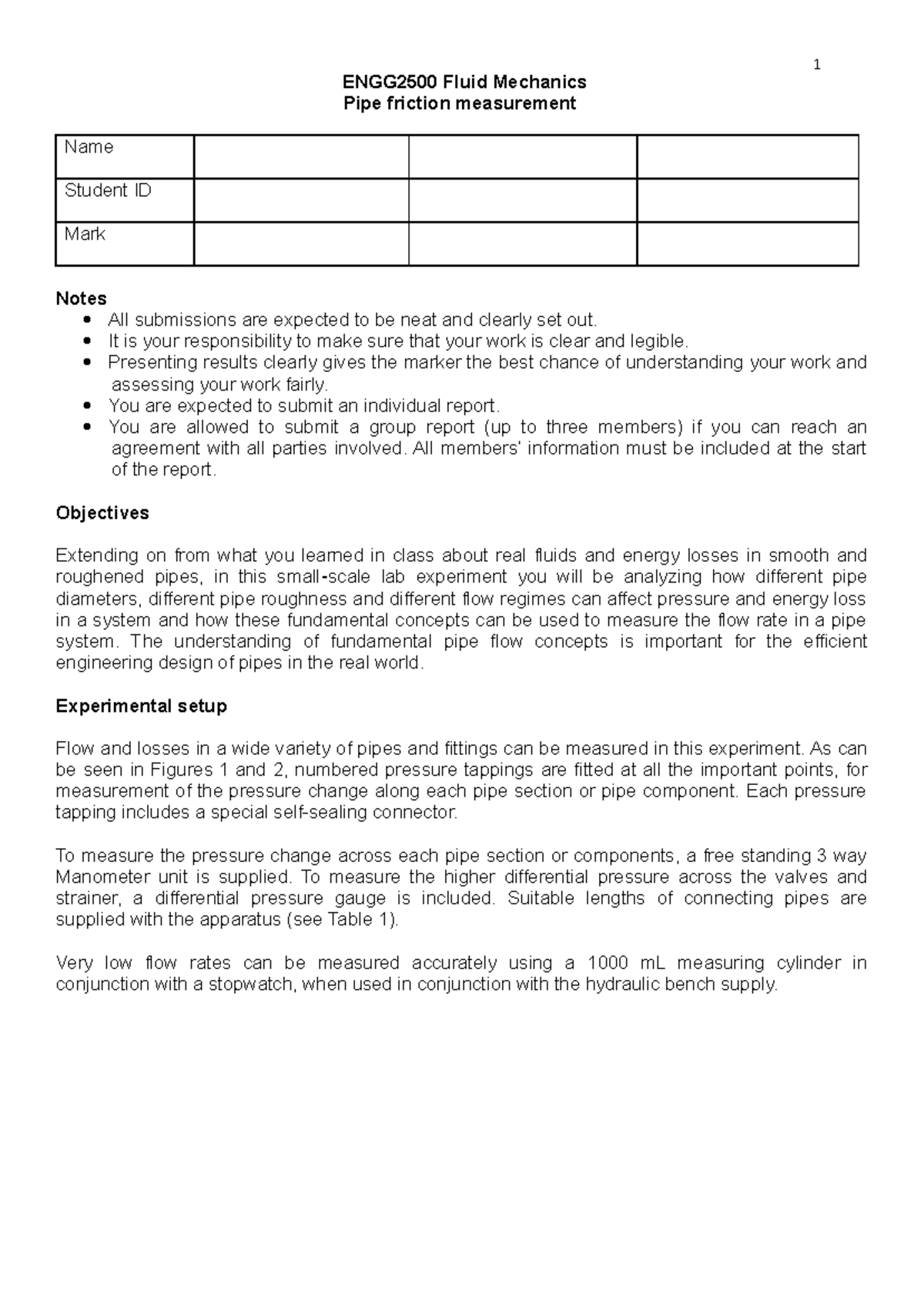 ENGG2500 Lab 3 - Pipe Friction - ver2023 - ENGG2500 Fluid Mechanics Pipe friction measurement ...