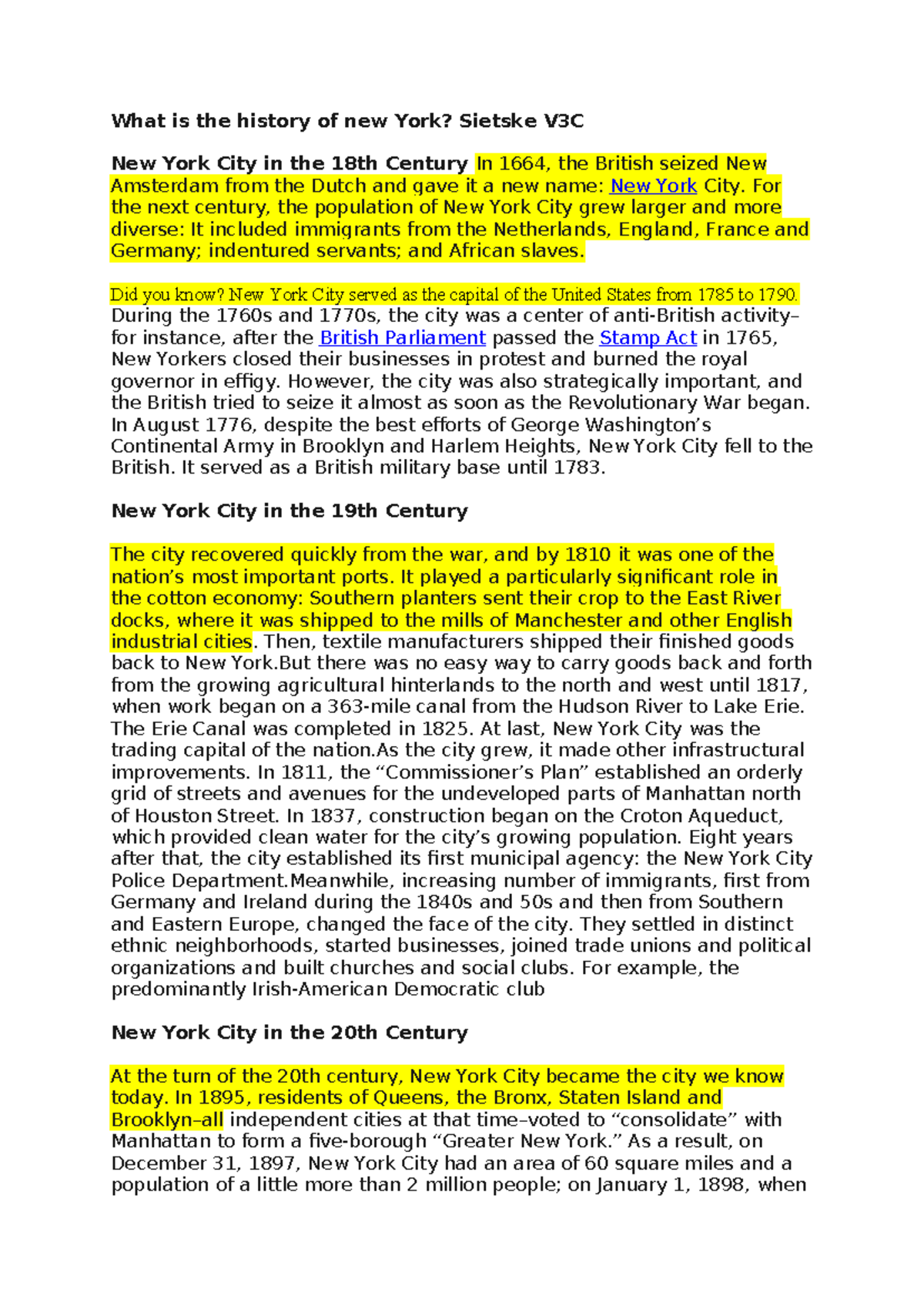 History of New York City: 18th Century Overview (Sietske V3C) - Studeersnel