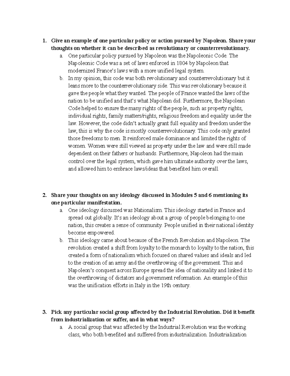 Tutorial 3 Questions - Ideas on Napoleon, Nationalism & the Industrial ...