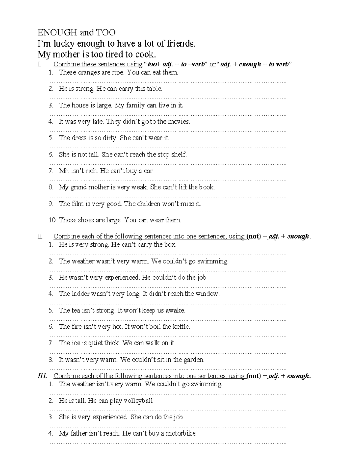 ENGLISH 1: Exercises on "Enough" and "Too" Usage - Studocu