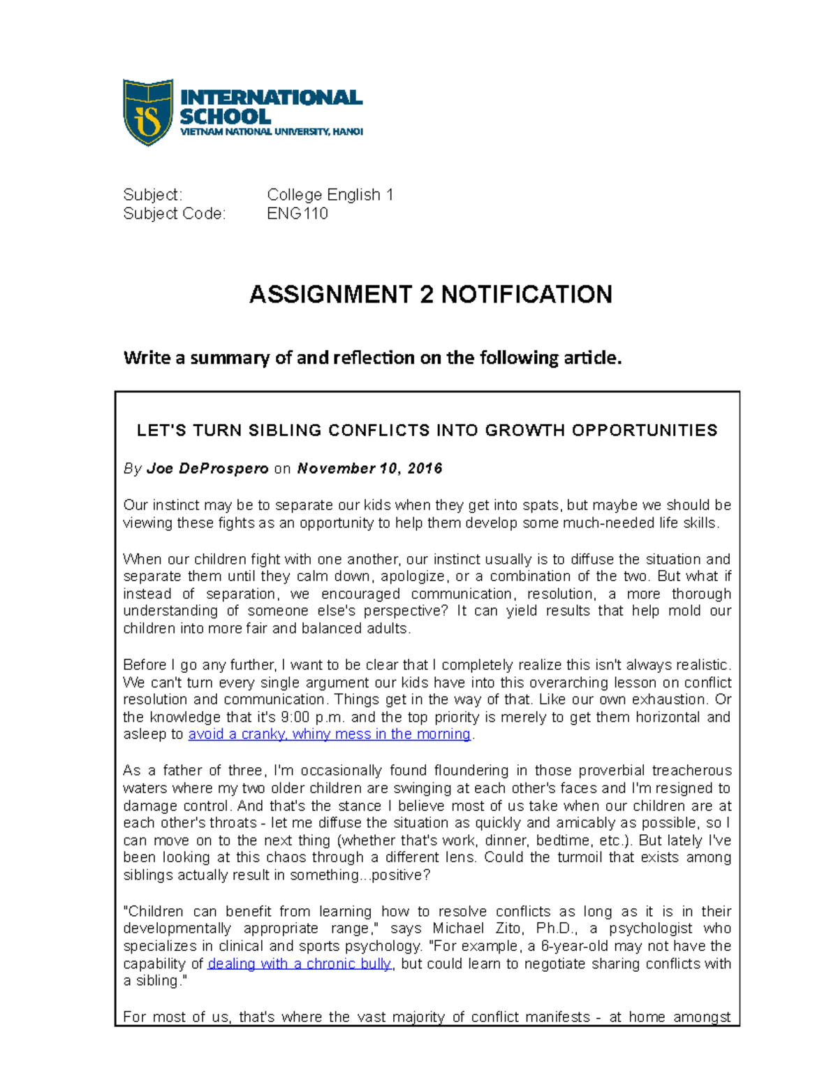 DTQN - hê lô - Subject: College English 1 Subject Code: ENG ASSIGNMENT ...
