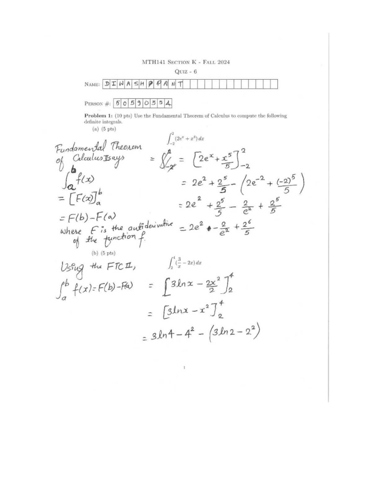 Quiz 6 MTH141 Section K Fall 2024 - Fundamental Theorem of Calculus ...