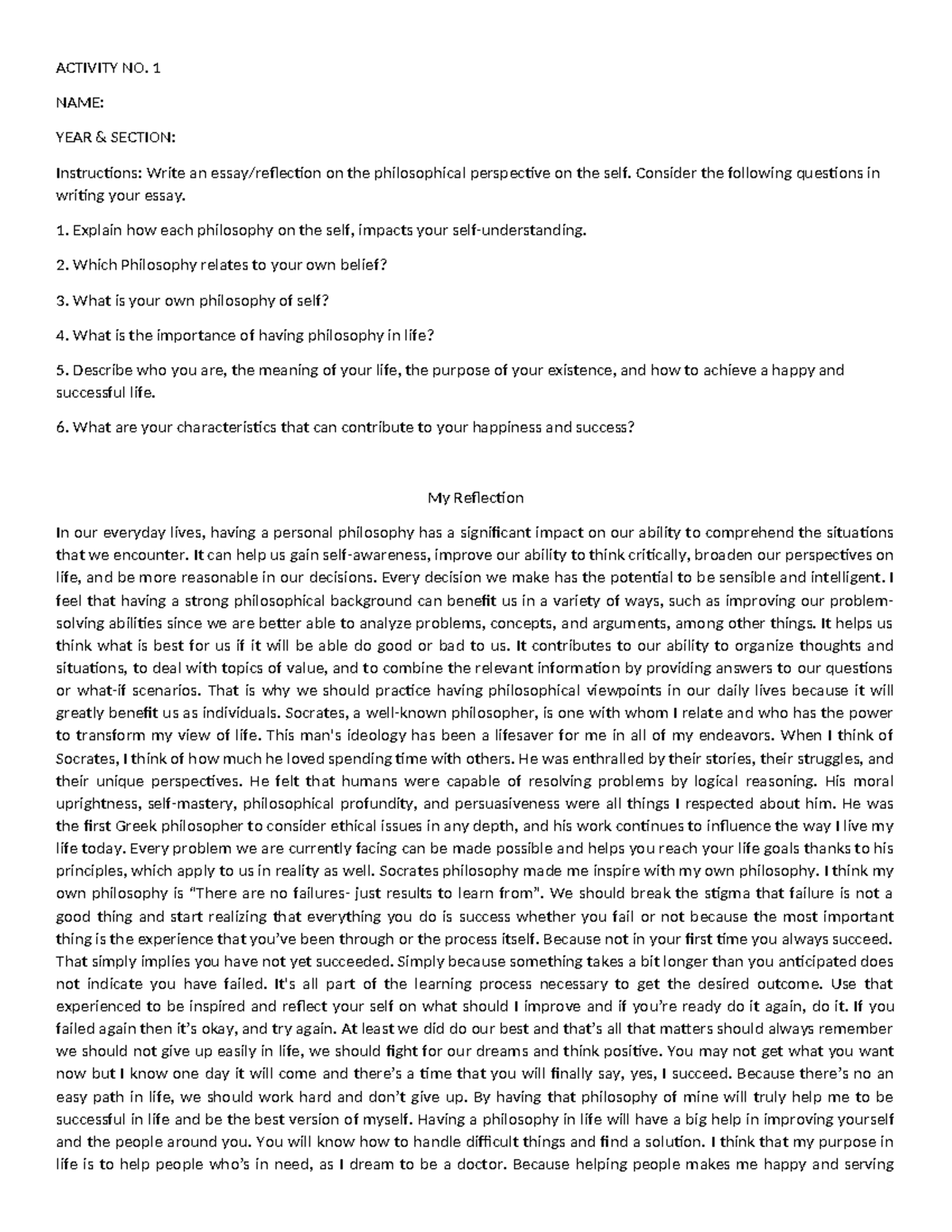 Philosophical Perspectives on Self: Essay Reflection for PHIL101 - Studocu