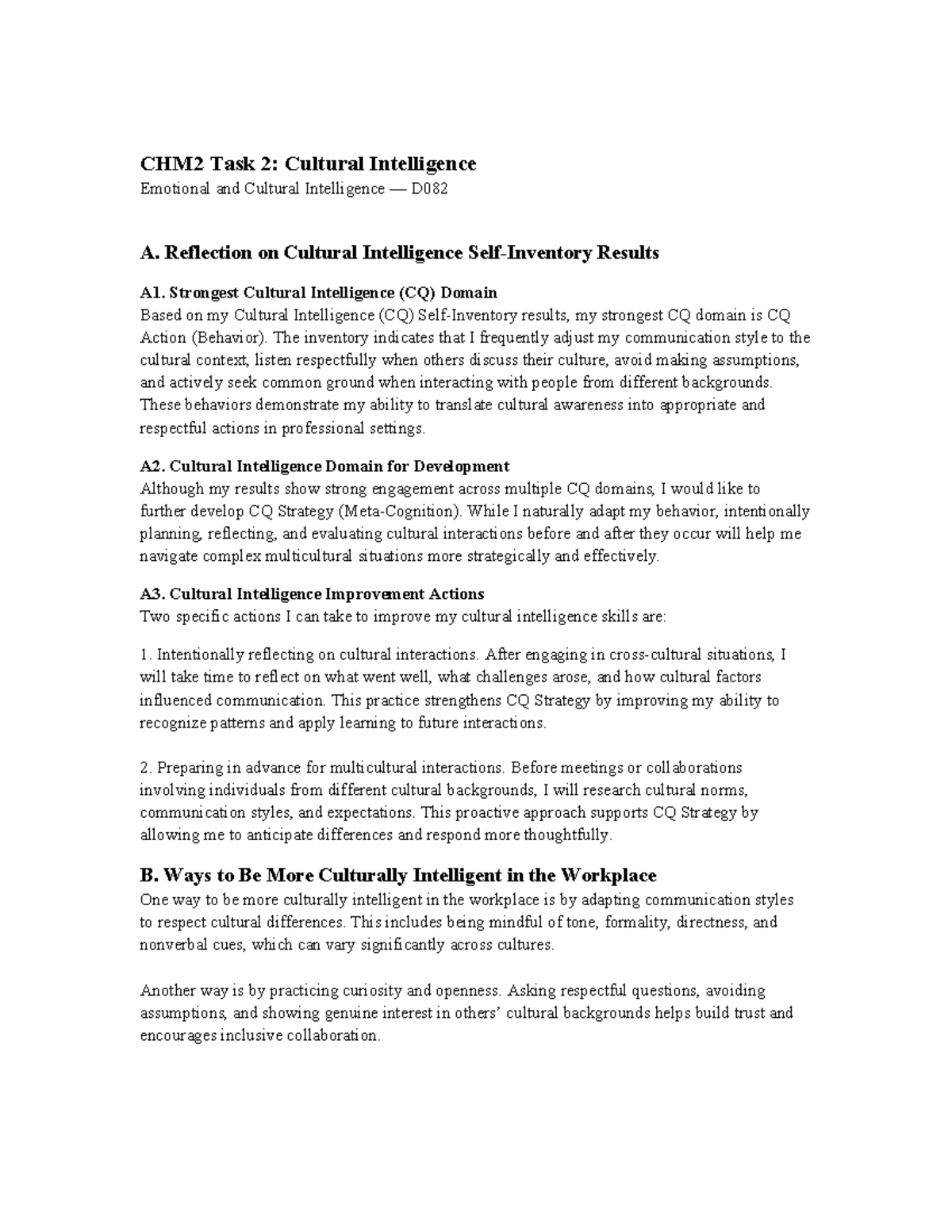 CHM2 Task 2: Reflection on Cultural Intelligence Development - Studocu