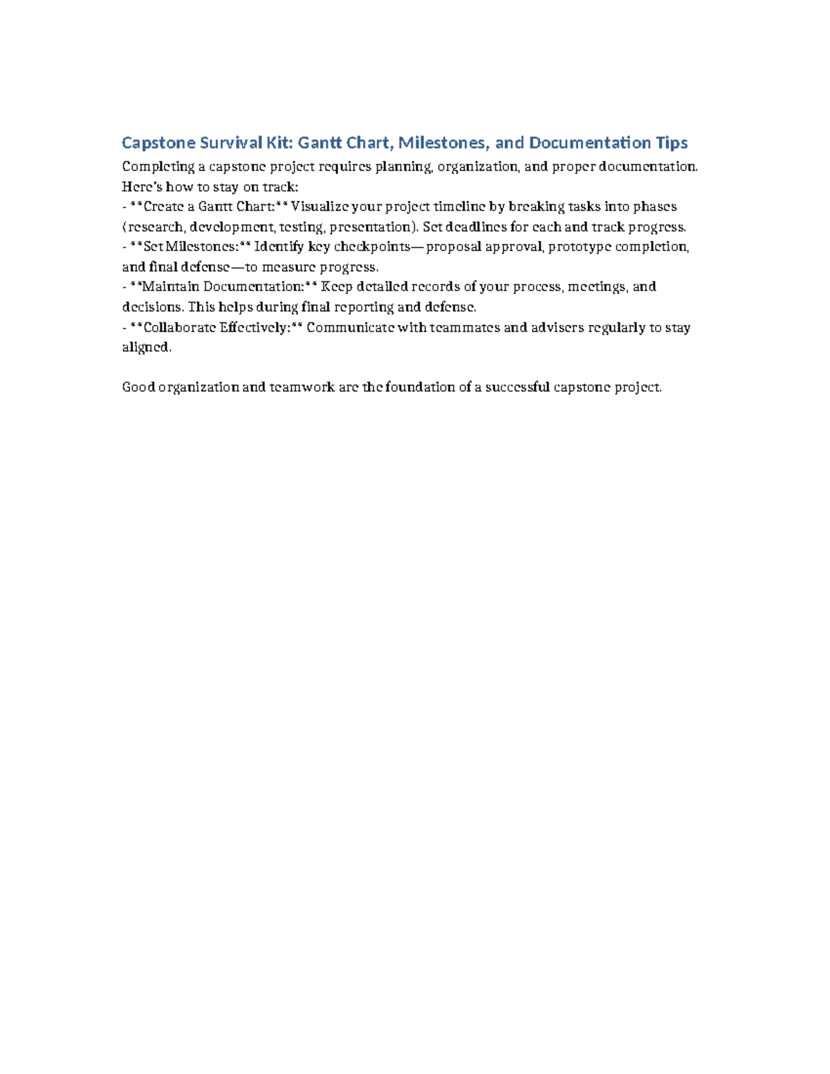 Capstone Survival Kit Gantt Chart Milestones and Documentation Tips ...