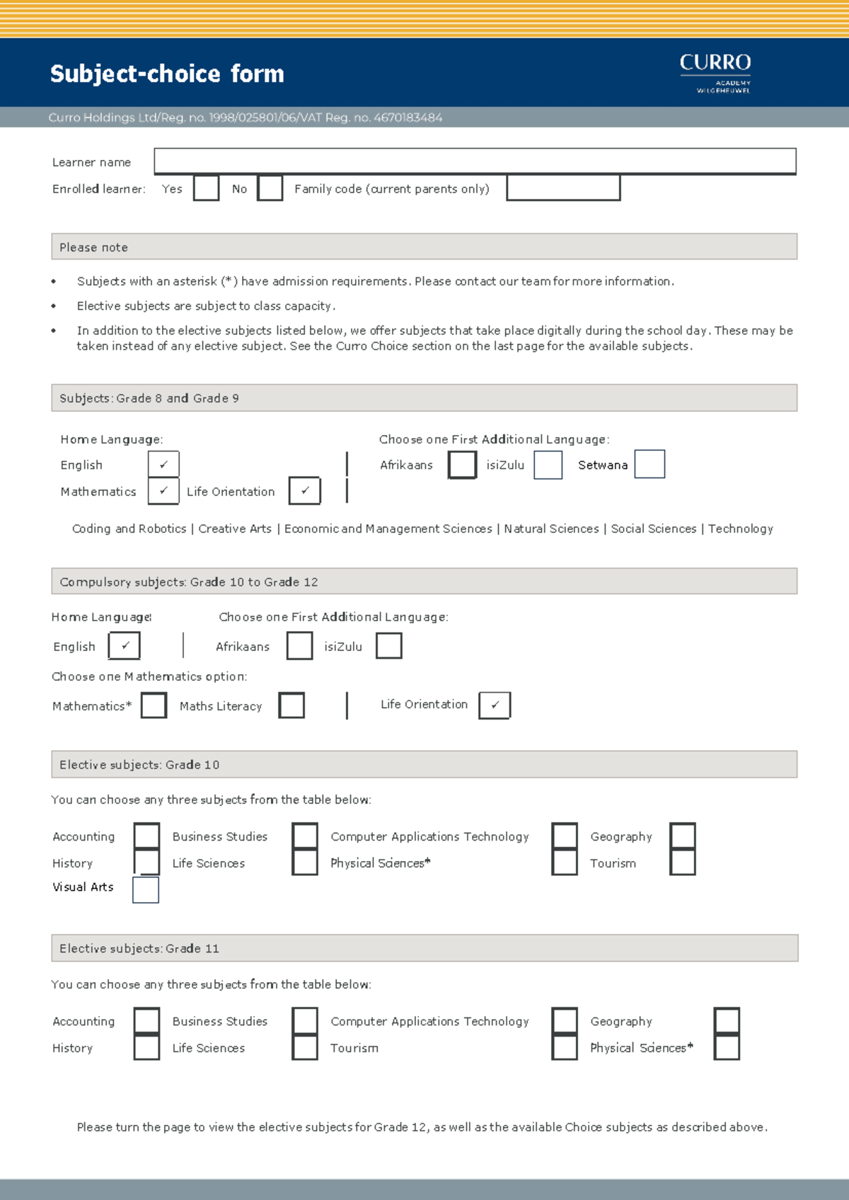 Curro Academy Wilgeheuwel Subject Choice Form 2026 - Studocu