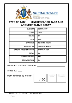 2024 Grade 11 Mapwork TASK Ermelo Marking Guide - MAPWORK TASK (202 4 ...