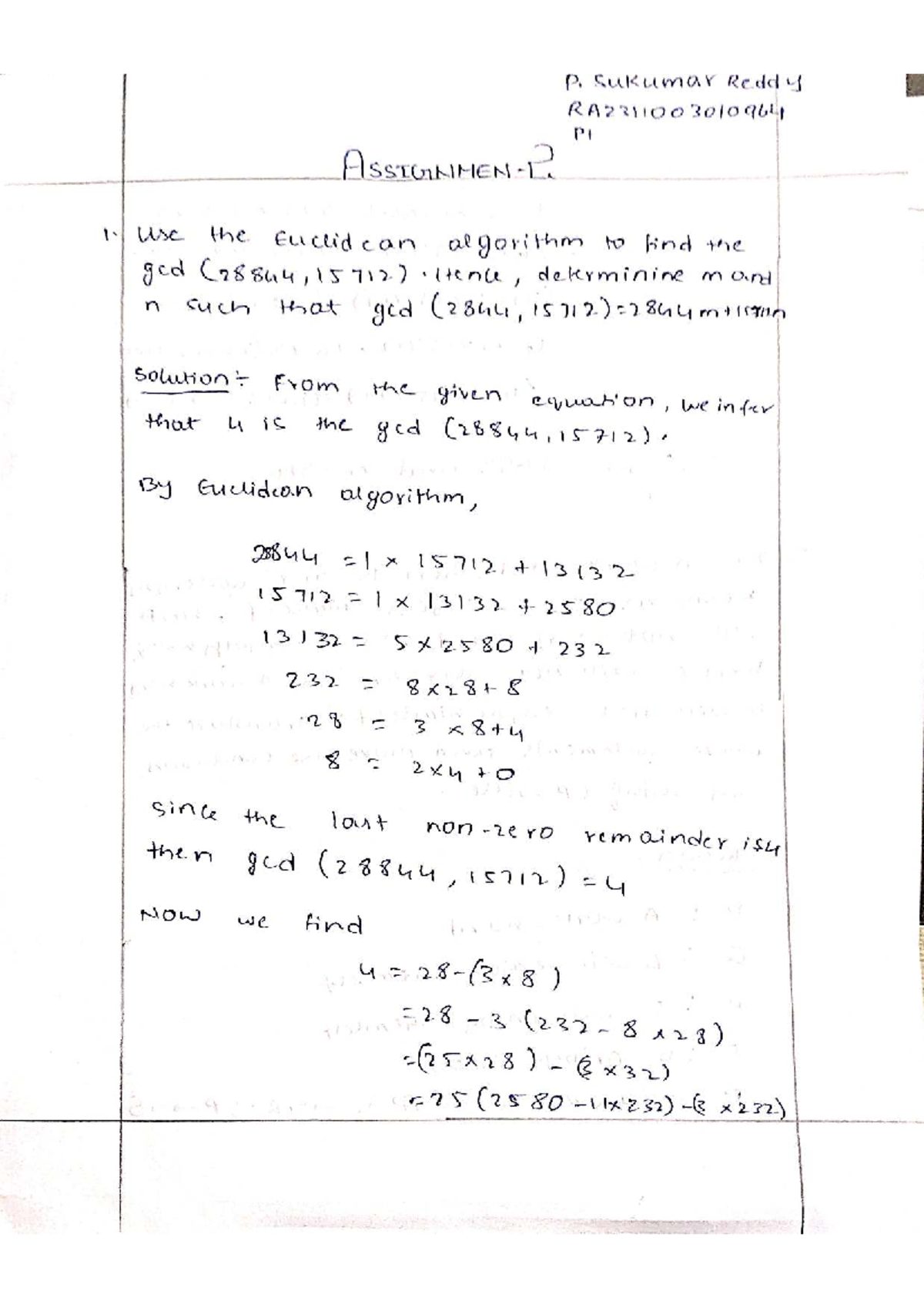 Maths Assignment 2 - RA2311003010964: Euclidean Algorithm & Proofs - Studocu