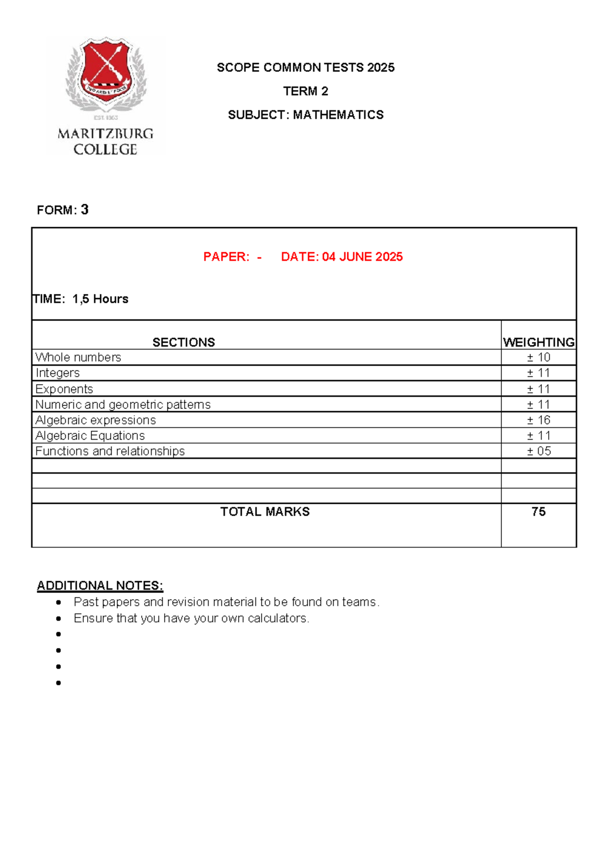 Term 2 Mathematics Common Test Paper - Form 3 (June 2025) - SCOPE ...